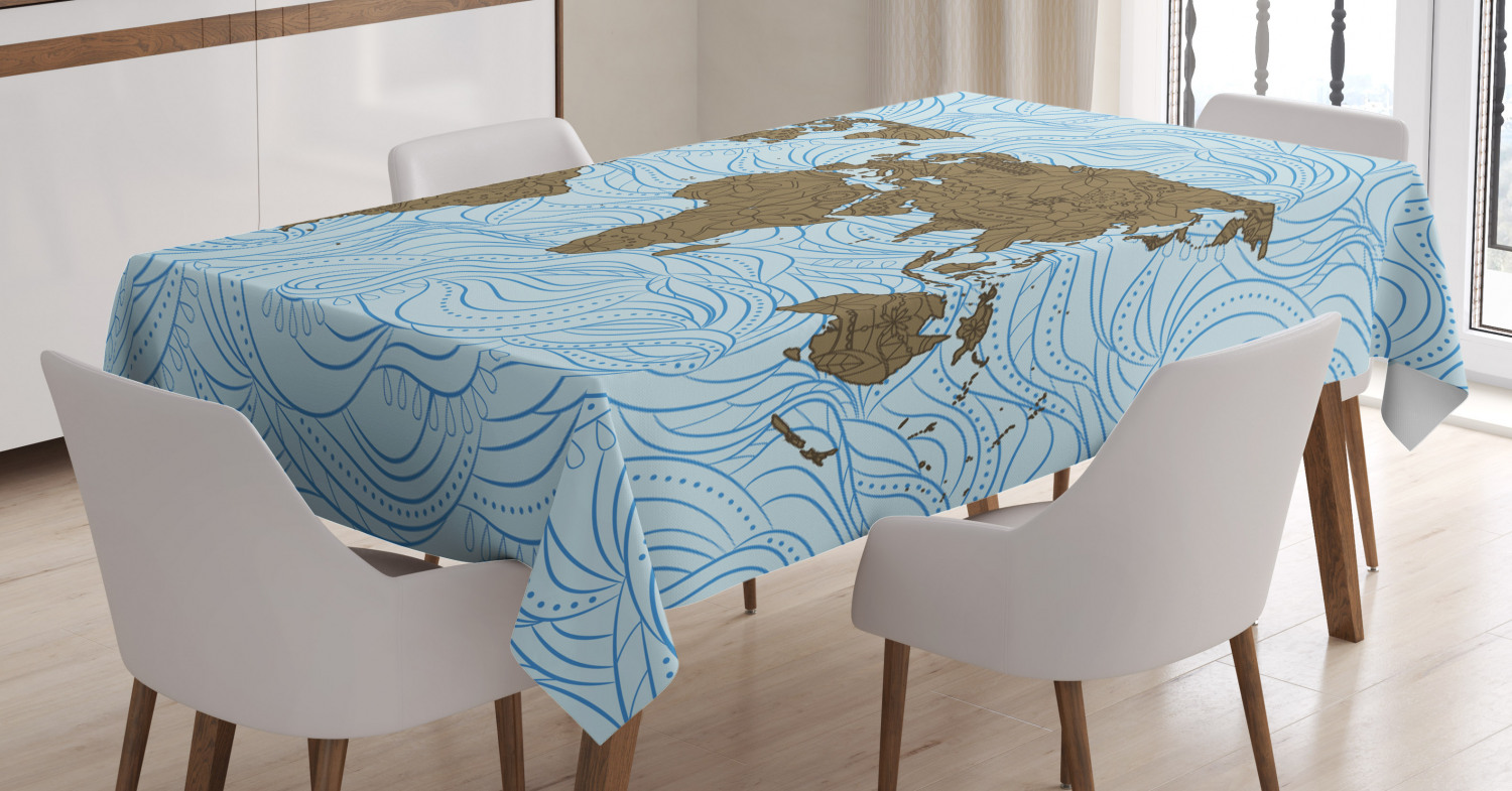 Modern Tablecloth, World Map with Wavy Ocean Lines and Flower Themed ...