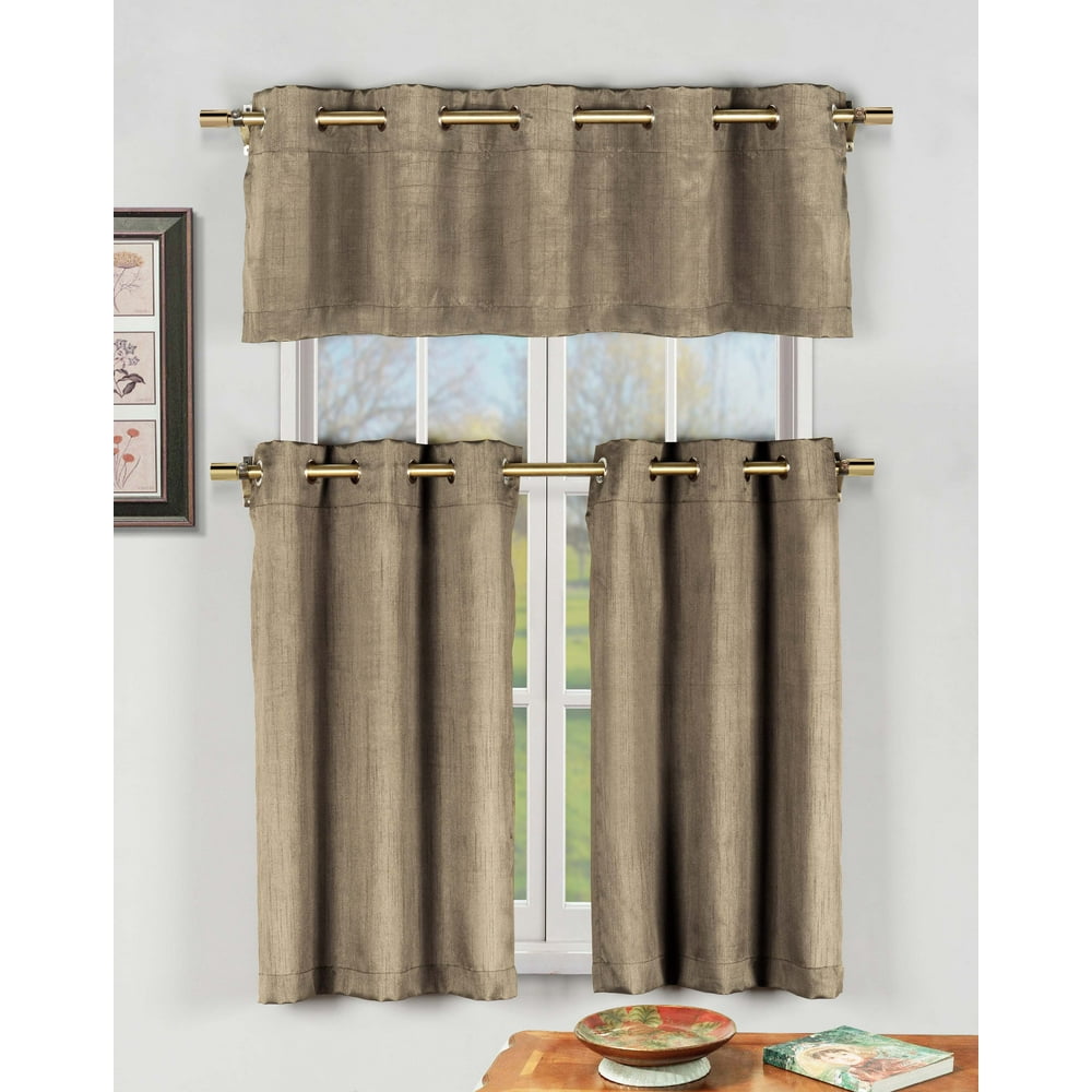 Taupe 3 Pc Kitchen Window Curtain Set with Silver Metal Grommets: 1 ...