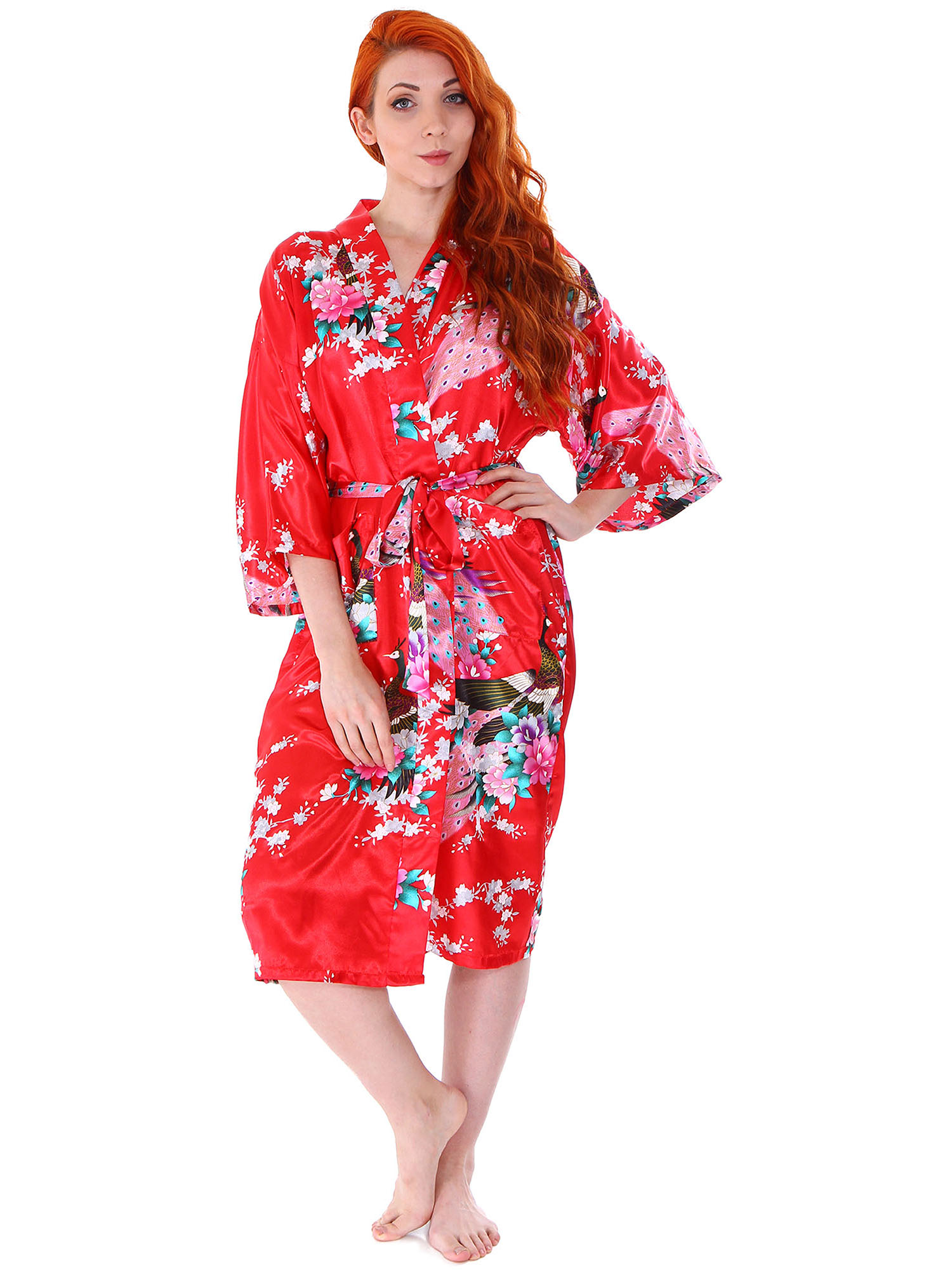 Women's Sakura Blossom Peacock Print Silky Satin Bridesmaid Kimono ...