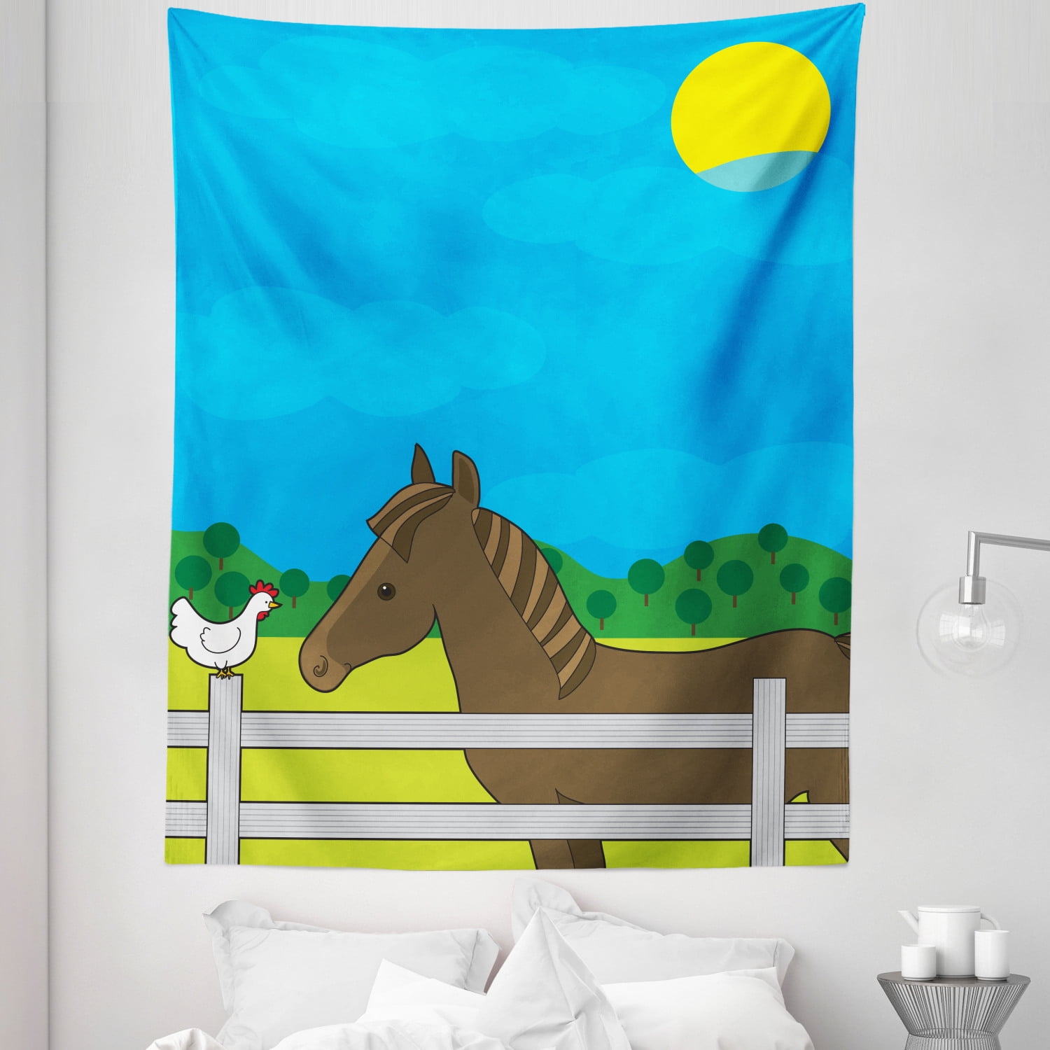 Pony Tapestry, Little Horse and Chicken Cartoon in a Farm Behind the ...