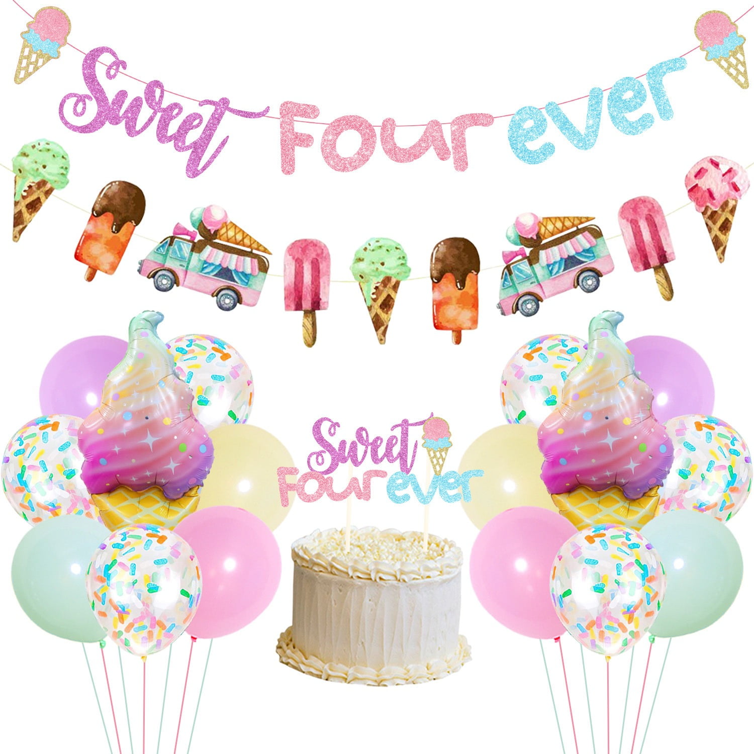 Sweet Four Ever Ice Cream Birthday Party Decorations, with Glitter ...