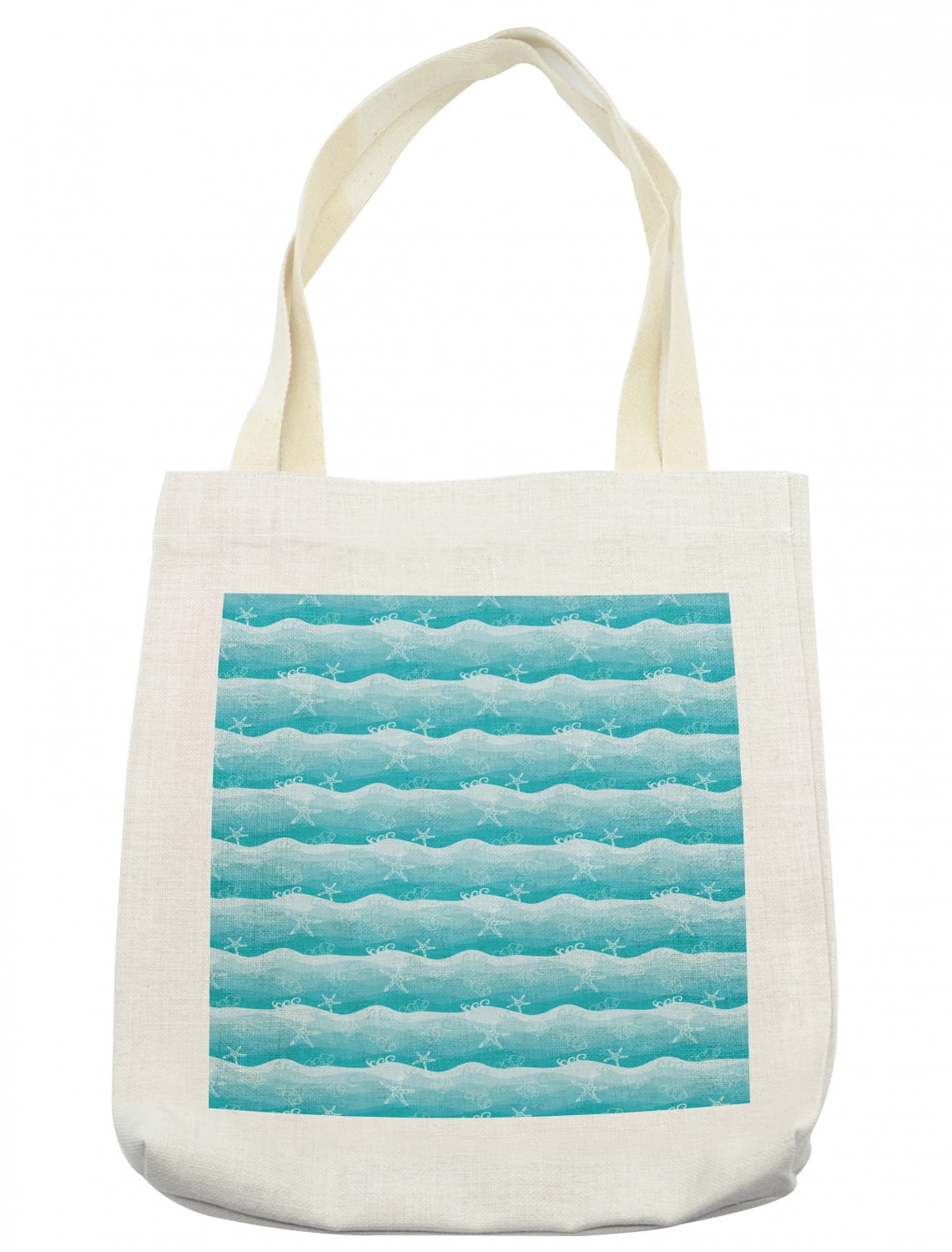 Nautical Tote Bag, Outline Starfish and Fishes on Ombre Effect Waves ...