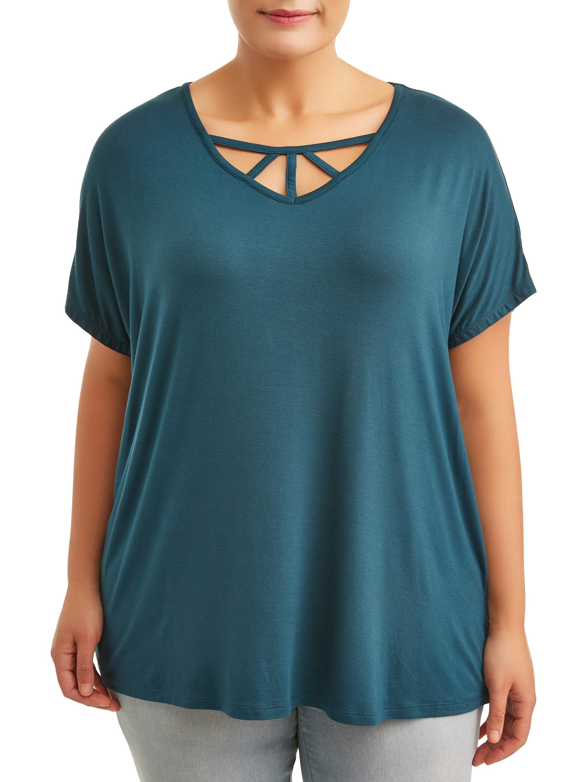Terra And Sky Womens Plus Size Cage Neck Detail Short Sleeve Top