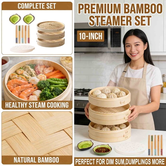 2-Tier 10-Inch Bamboo Steamer Set with Domed Lid: Stackable Dumpling ...