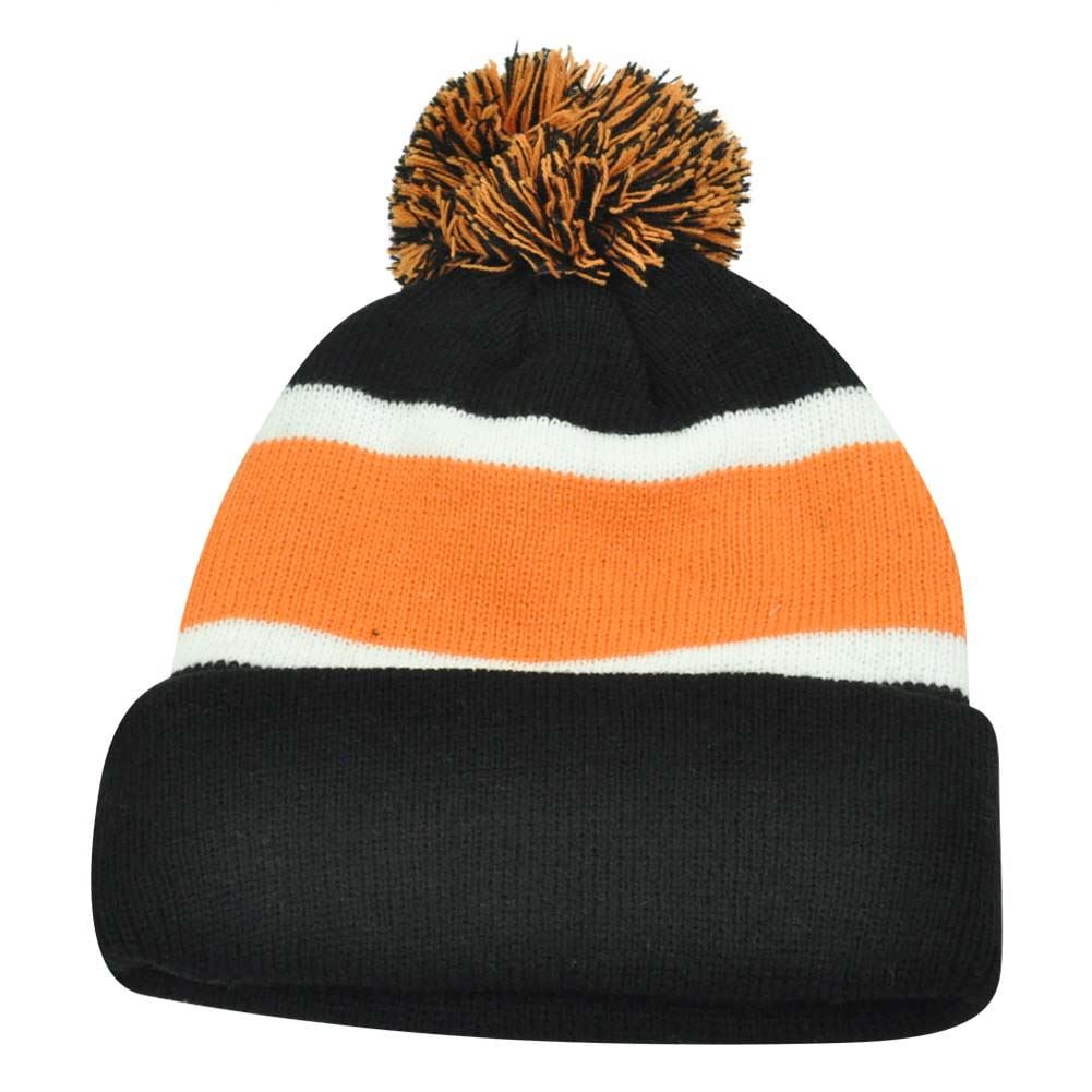 Plain Blank Striped Cuffed Thick Beanie Pom Pom Knit Skully Black ...