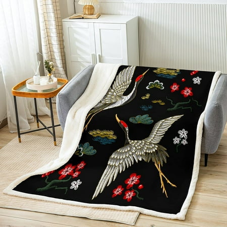 Crane Pattern Fleece Throw Blanket Super Soft Cozy Embroidery Style ...