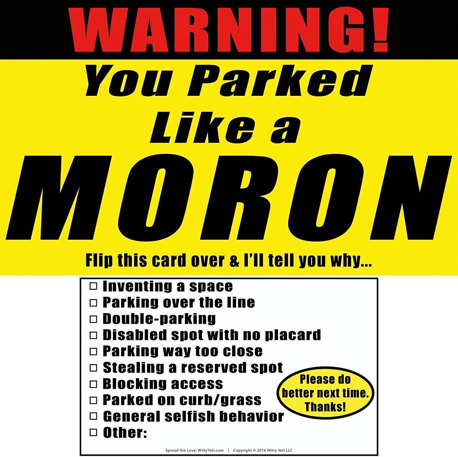 You Parked Like a Moron 25 Note Pack by Witty Yeti Prank, Gag Gift ...