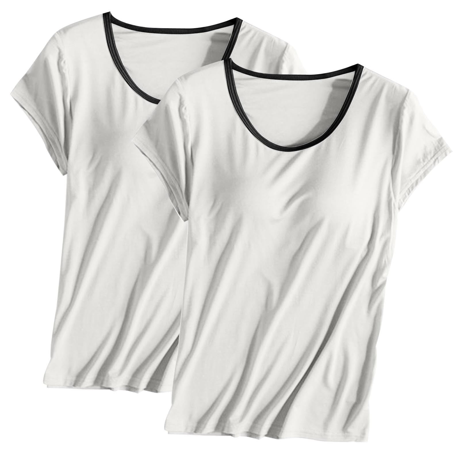 Wiyuqeen Built-In Bra T-Shirts For Women Basic Solid Short Sleeve Tops Soft Lounge Pajama Shirts For Workout Petite Ladies Yoga Pajama Tops 2 Pack