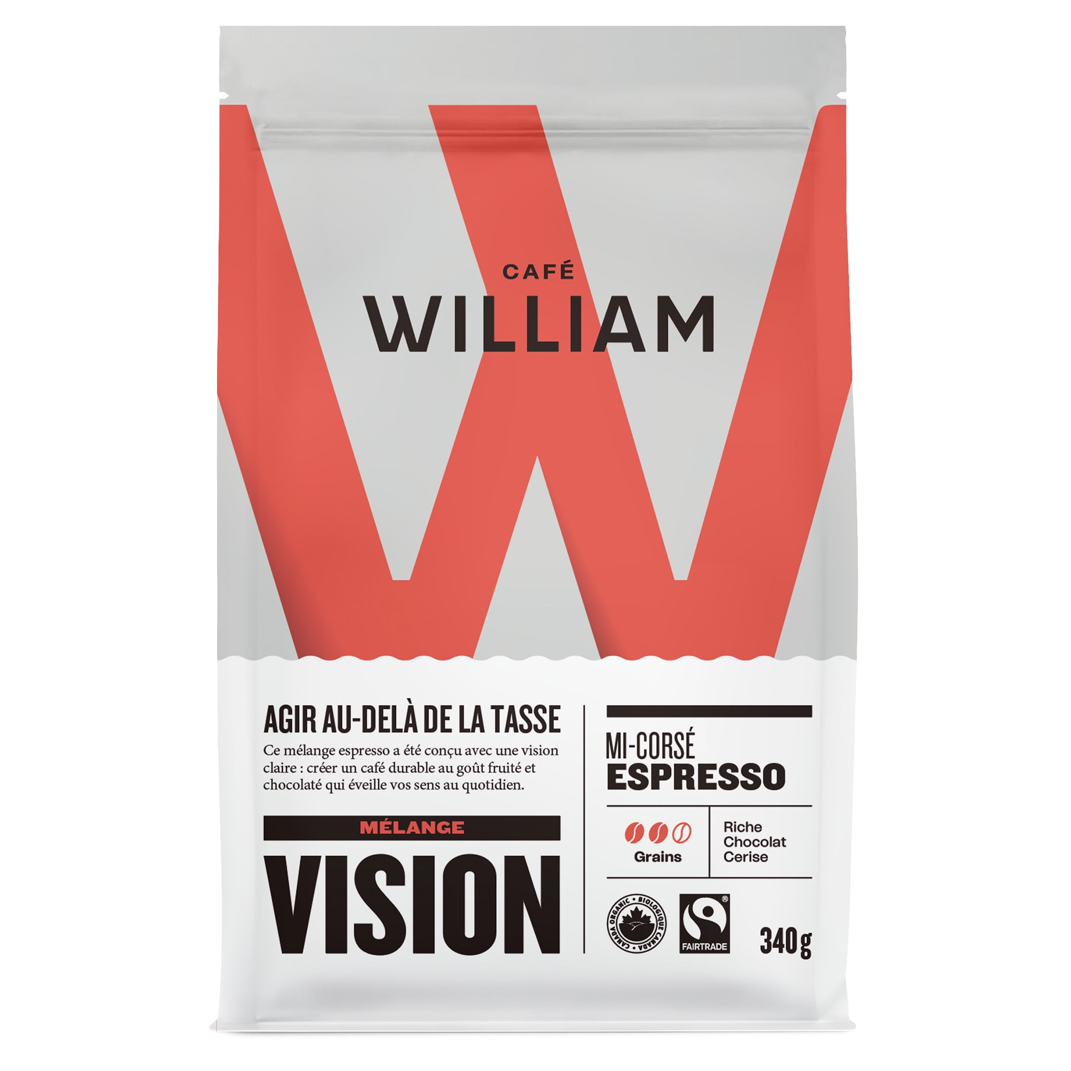 Café William Coffee Organic Fair-Trade VISION Medium Espresso Roast Whole Bean Blend 340G, ORG ...
