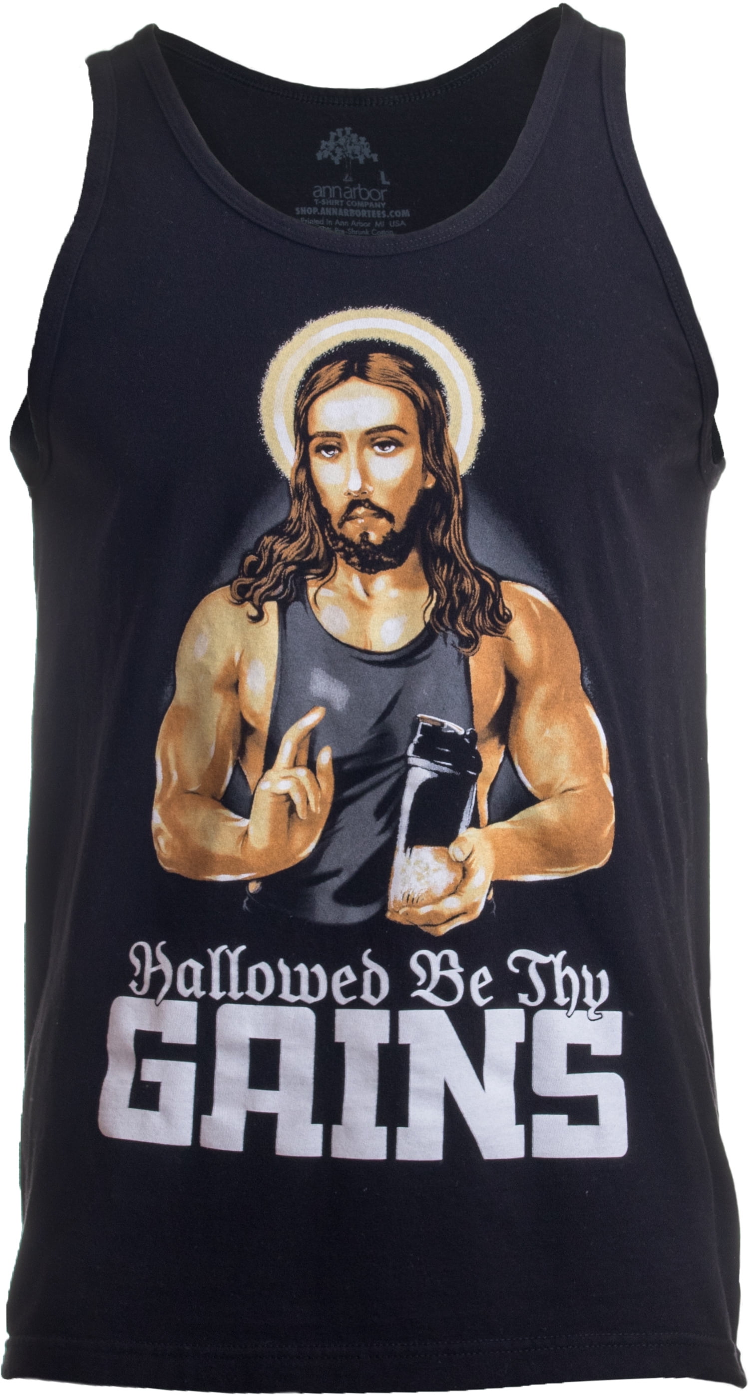 Hallowed Be Thy Gains - Funny Muscle Jesus Weight Lifting Workout Tank ...