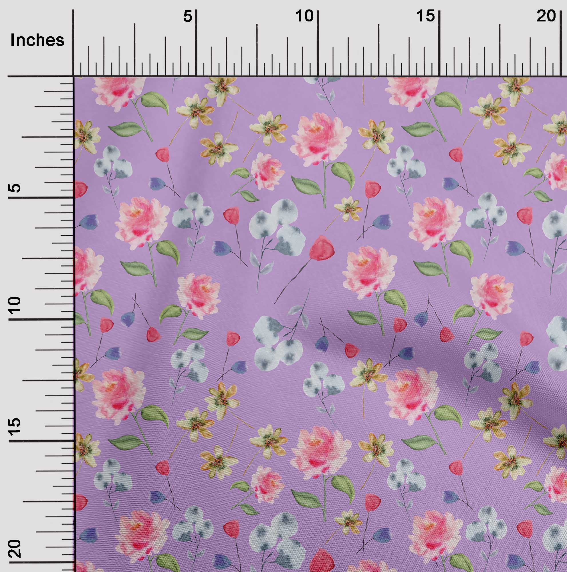 oneOone Cotton Poplin Twill Pastel Purple Fabric Flower & Leaves ...
