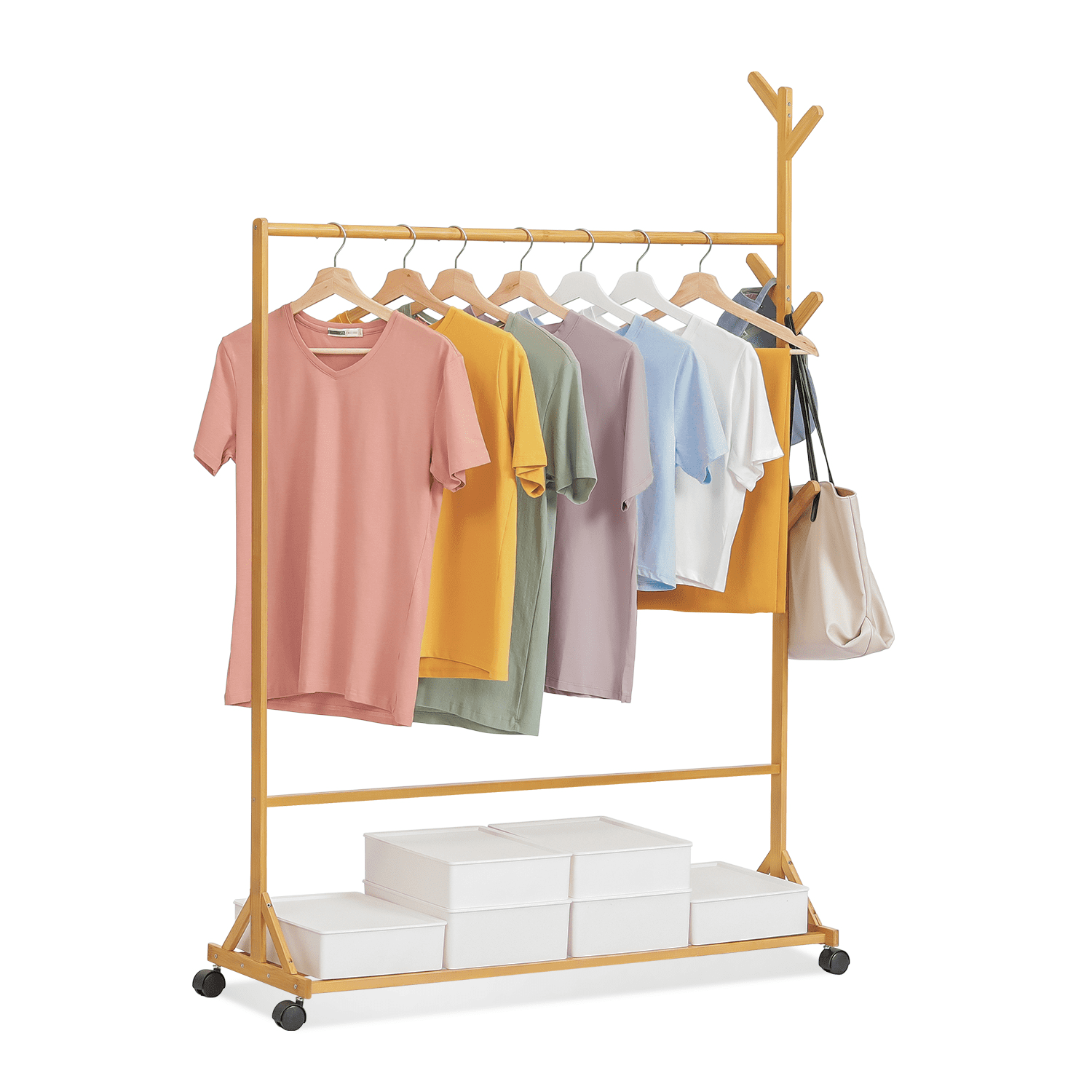 MoNiBloom Bamboo Sliding Coat Rack, Wheeled Caster Garment Clothes ...