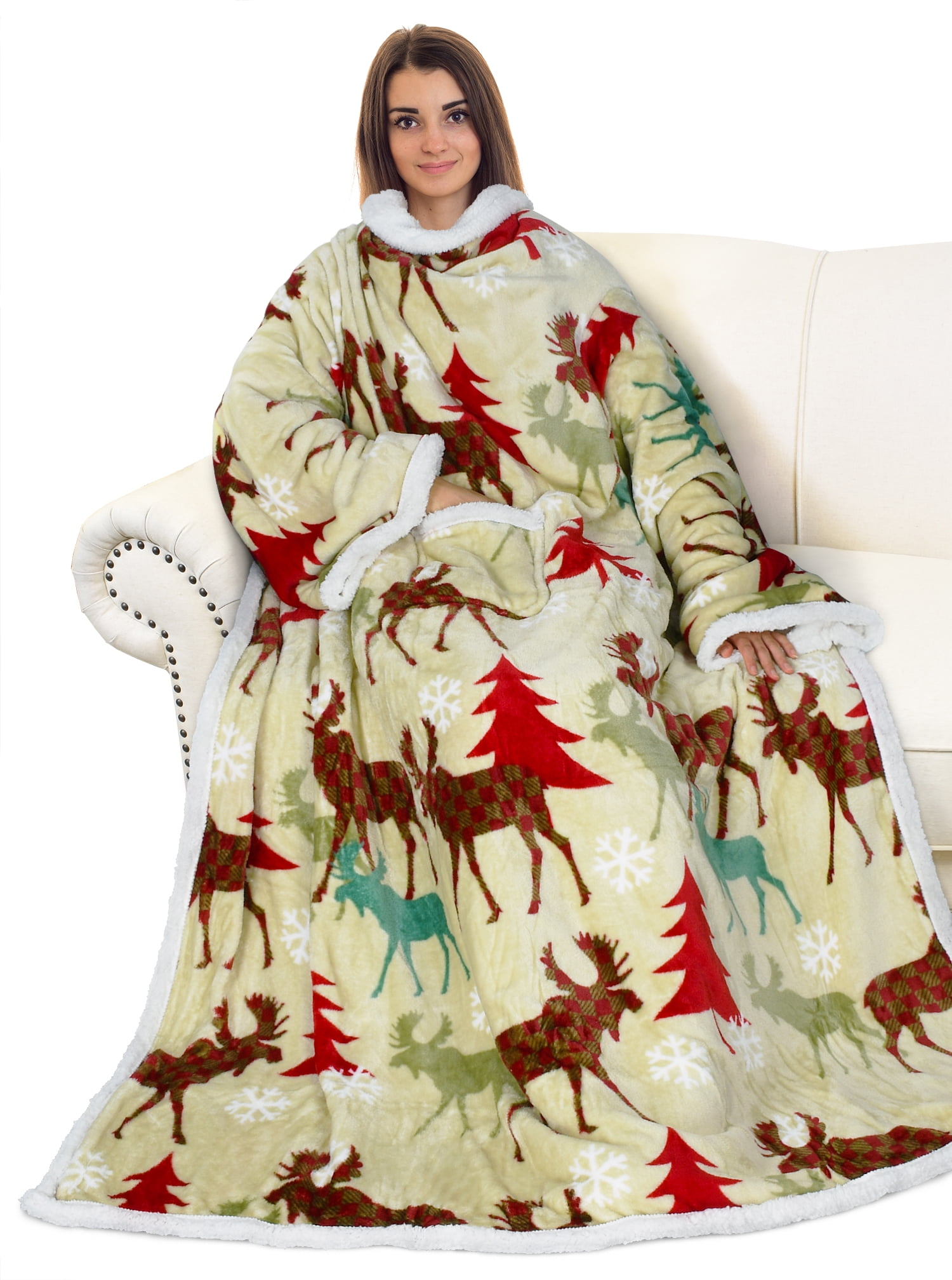 Catalonia Fleece Wearable Blanket with Sleeves and Pocket, Micro Plush ...