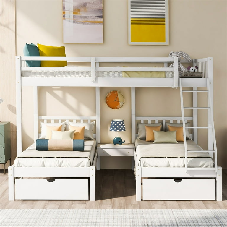 Wooden Triple Bunk Bed with 2 Drawers Storage Board 1 Table Full Over Twin Twin Bunk Bed Frame with Full Length Guardrail and Ladder 3 Beds Bunk Bed Space Saving No