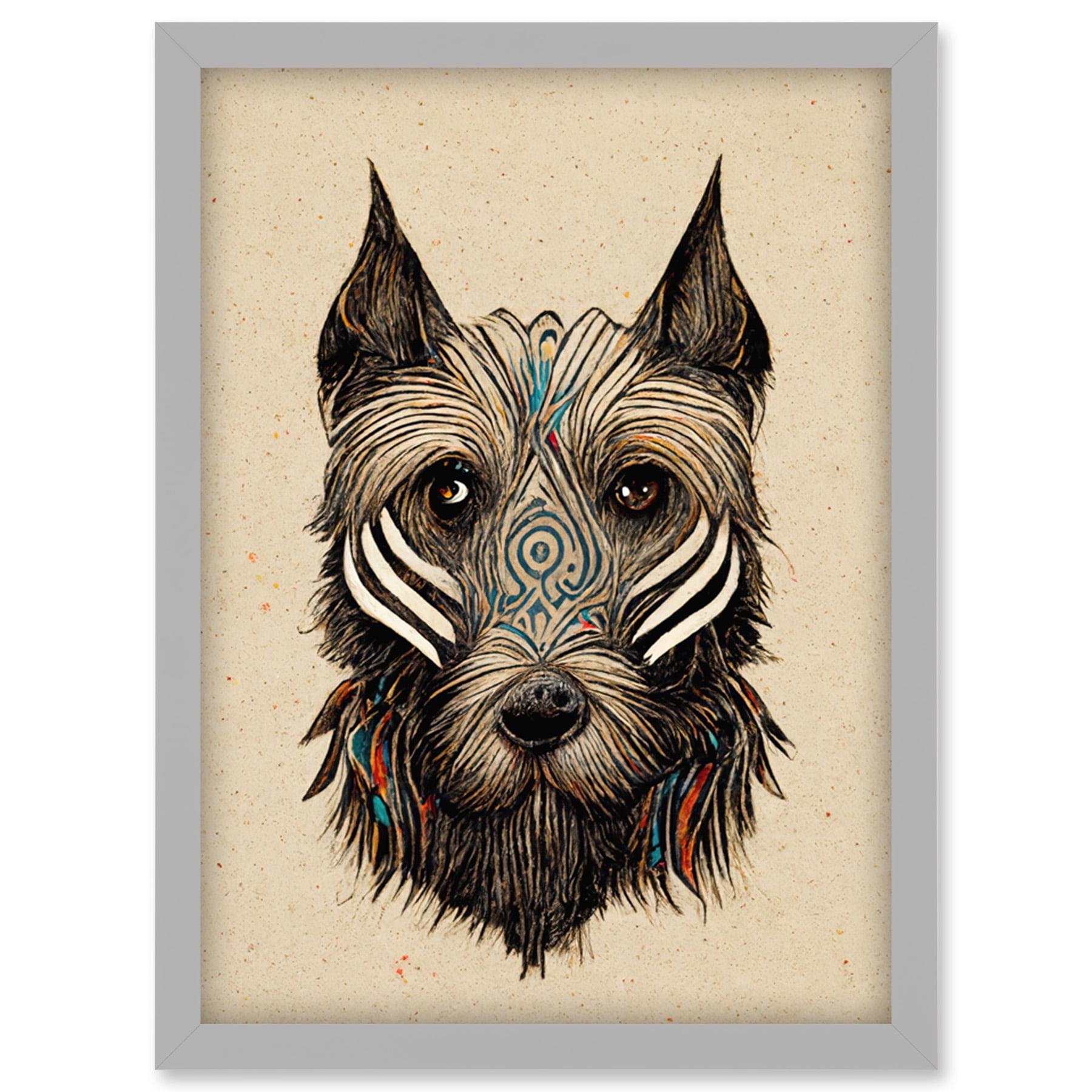 Boho Terrier Dog With Tribal Patterns Striped Face Artwork Framed Wall ...