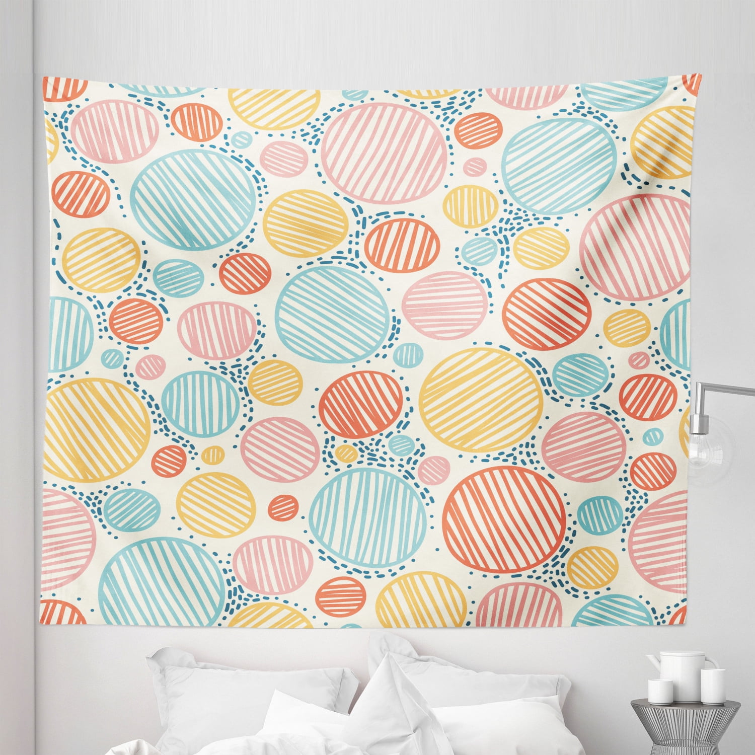 Colorful Tapestry, Hand Drawn Style Striped Circles and Dots in Pastel ...