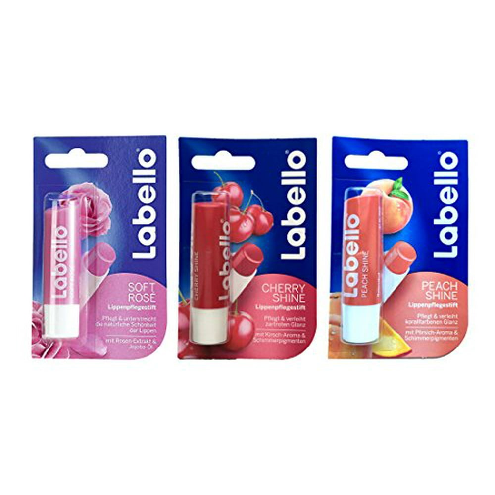 Labello Soft Rose Labello Cherry Shine Labello Peach Shine Lip Balm Bundle