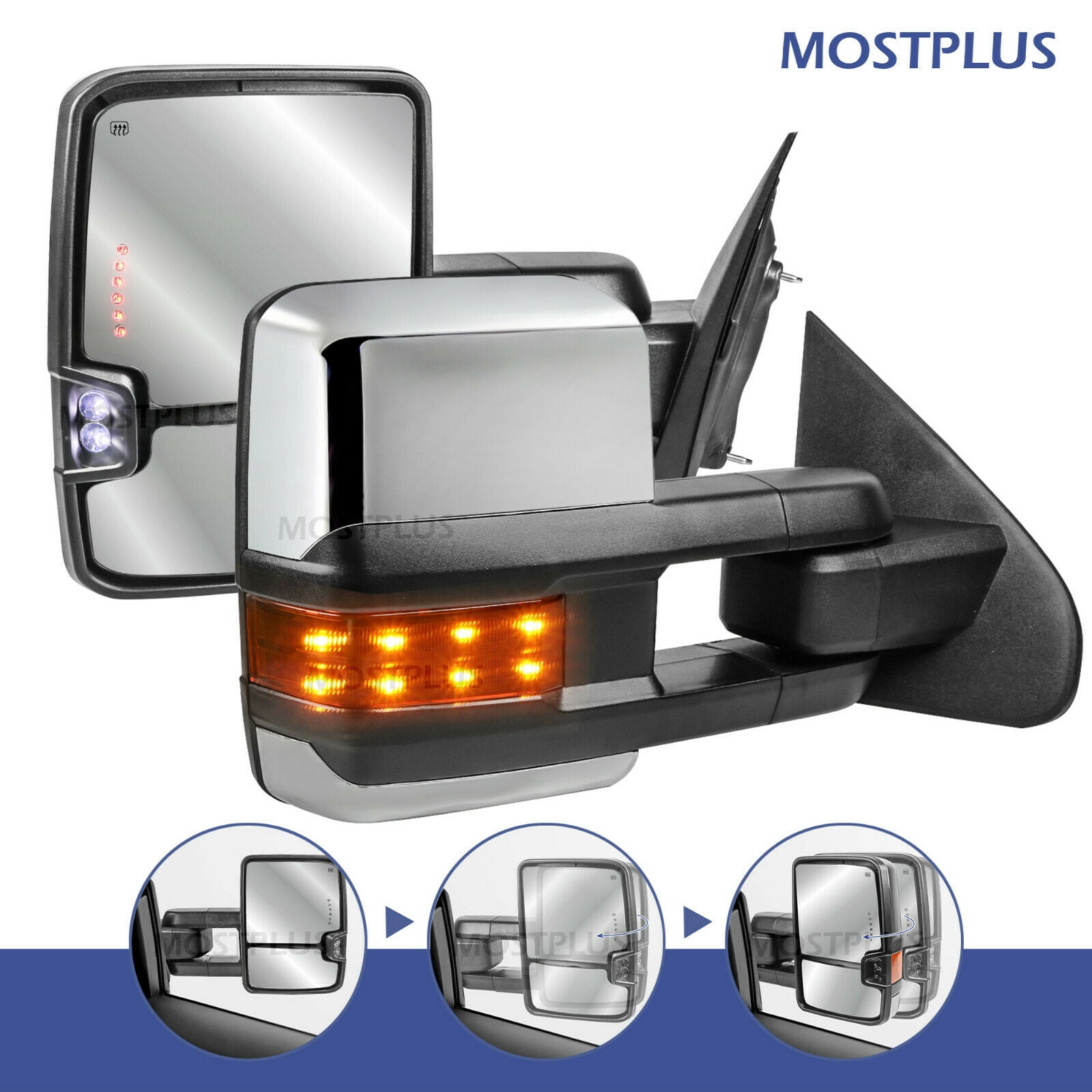 MOSTPLUS Pair Chrome Power Fold Heated Mirror Side View Tow Mirror for ...