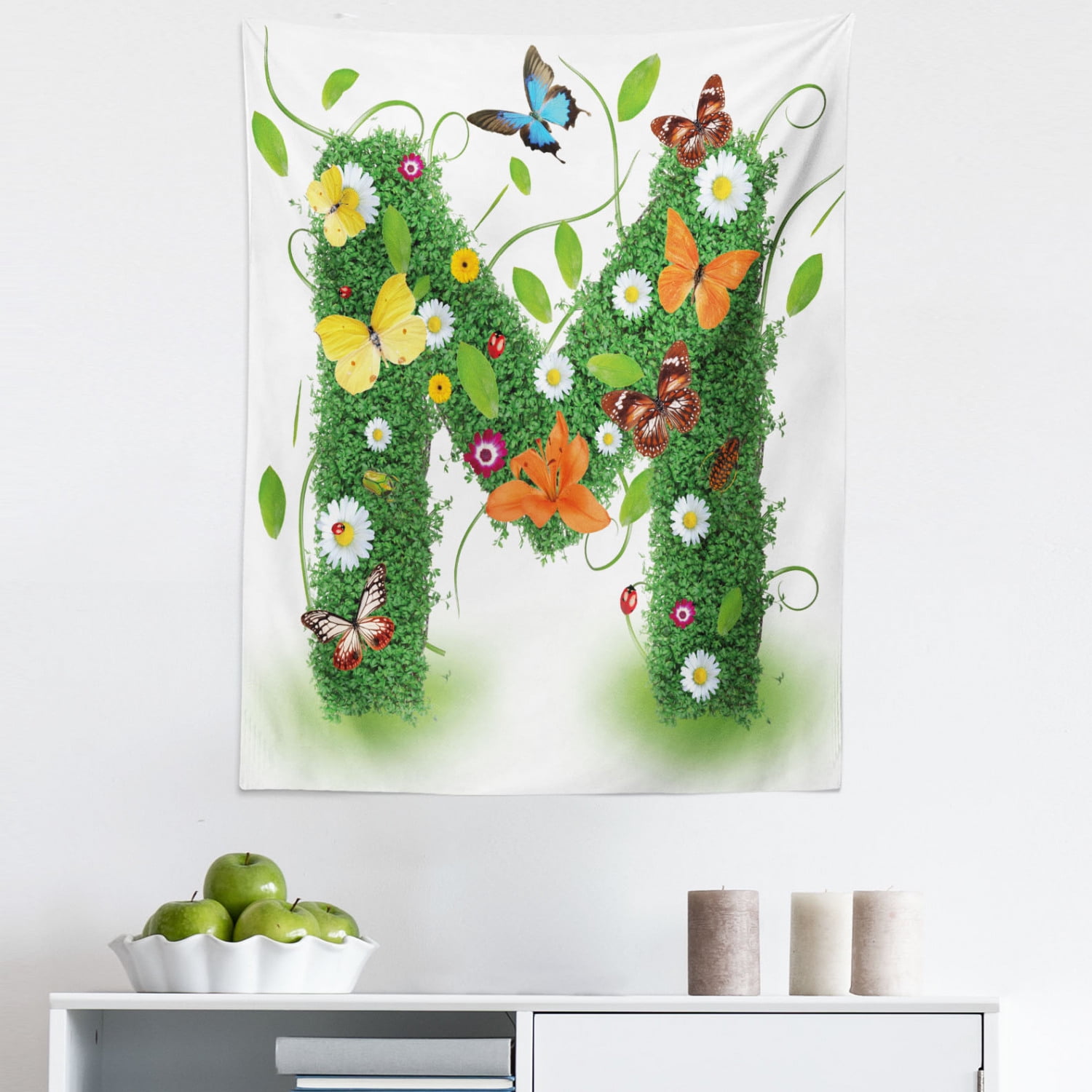 Letter M Tapestry, Wildflowers with Butterflies of Various Shapes and ...