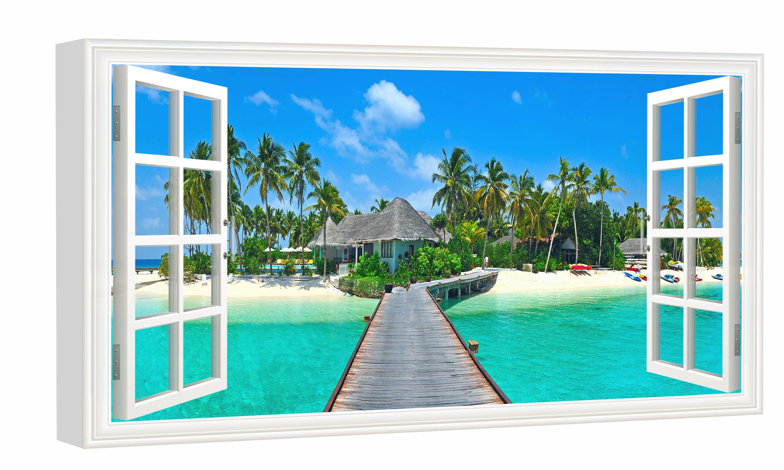 Window View of Beach Island Canvs Art Fake Open Window Wall Art Beach ...
