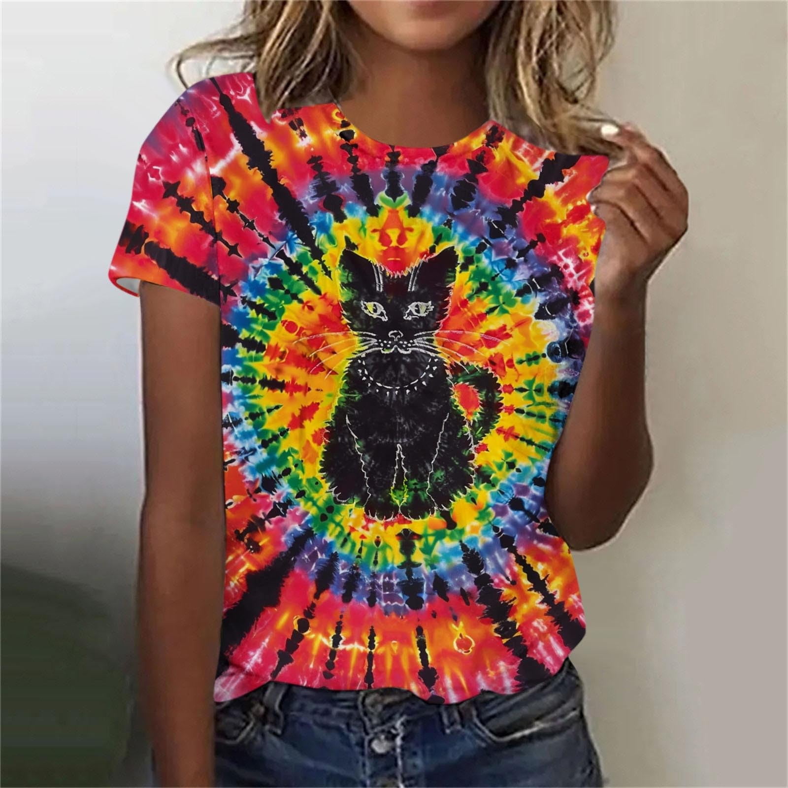 Click here for Ylhfashion Cute Tie Dye Cat Shirts For Women Tops... prices