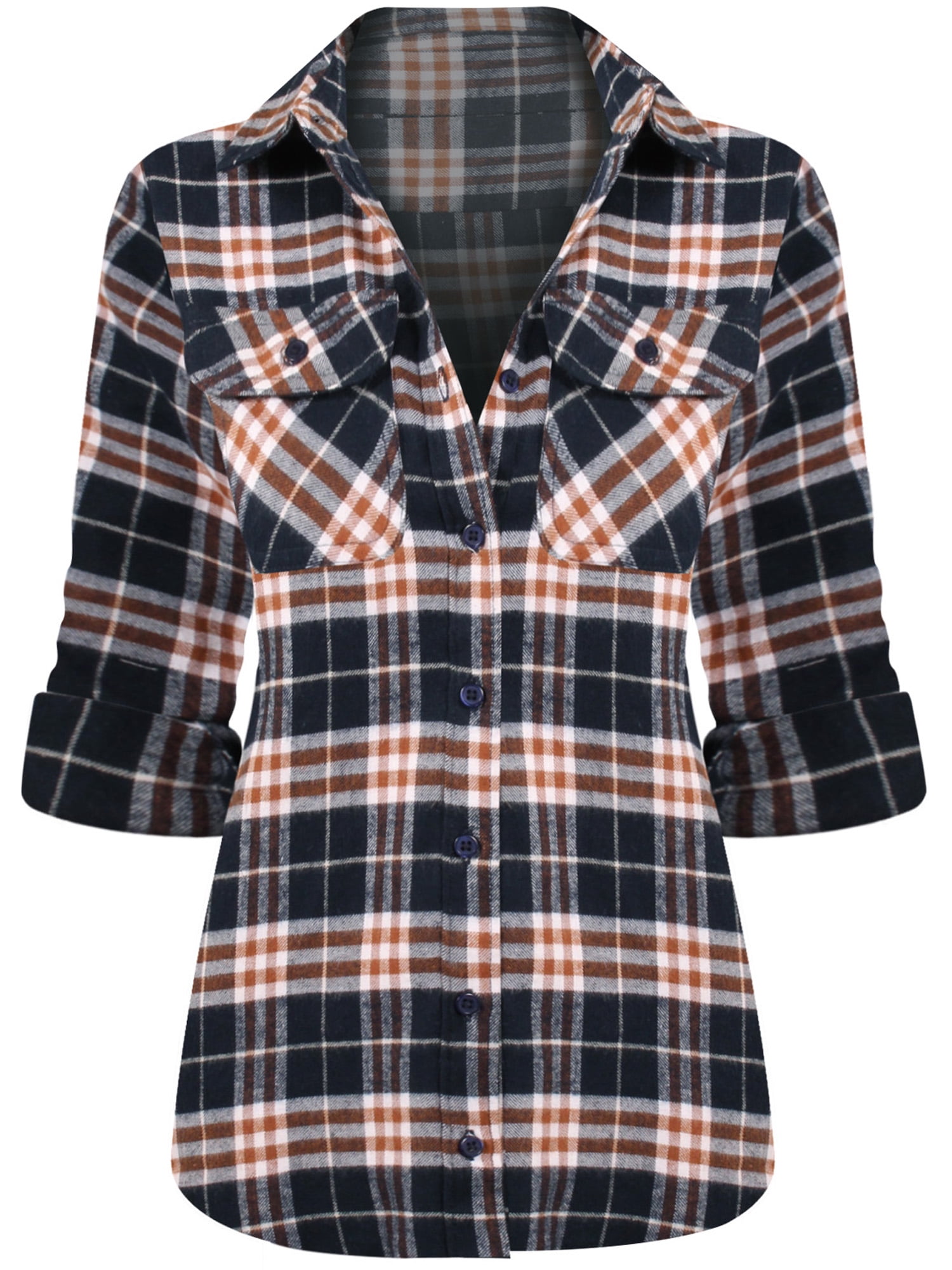 Women's Classic Collar Button Down Roll Up Long Sleeve Plaid Flannel ...