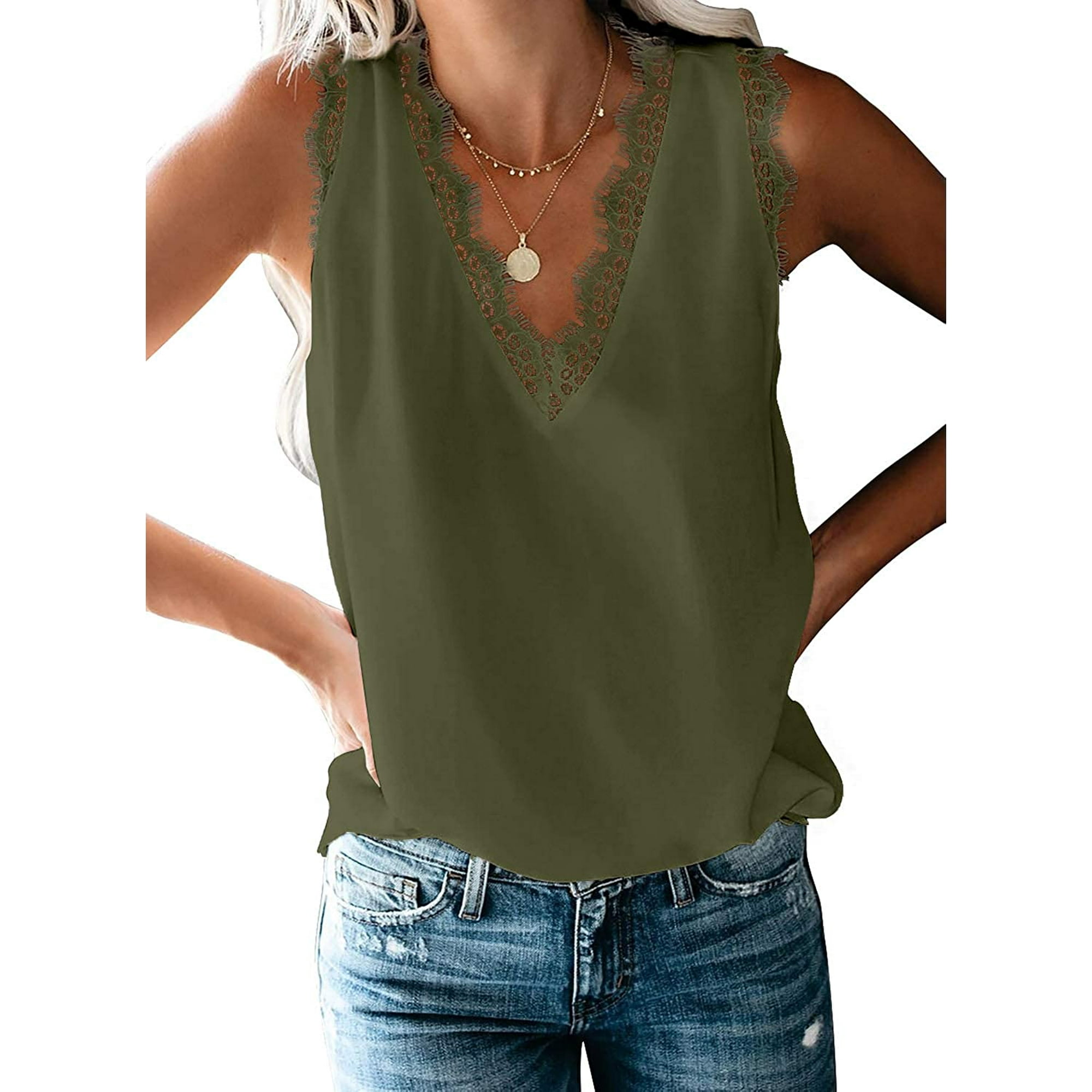 Click here for Patty Womens V Neck Lace Trim Tank Tops Casual Loo... prices