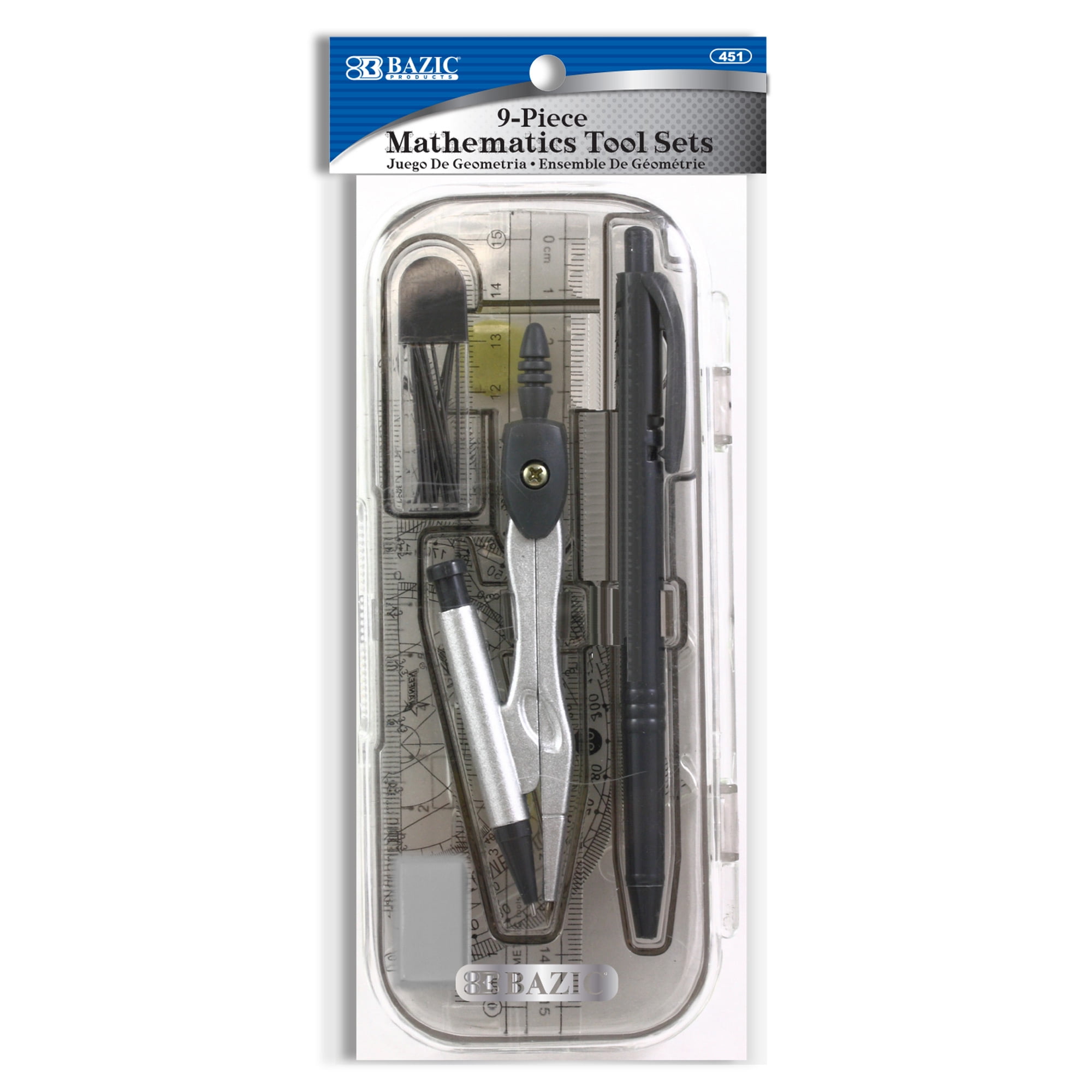 BAZIC Math Geometry Set 9 Pieces for Students, Storage Box, 1-Pack ...