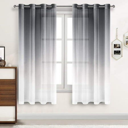 Grey Faux Linen Ombre Sheer Curtains Gradient Semi Voile Drapes Grommet Top Window Curtains for ...