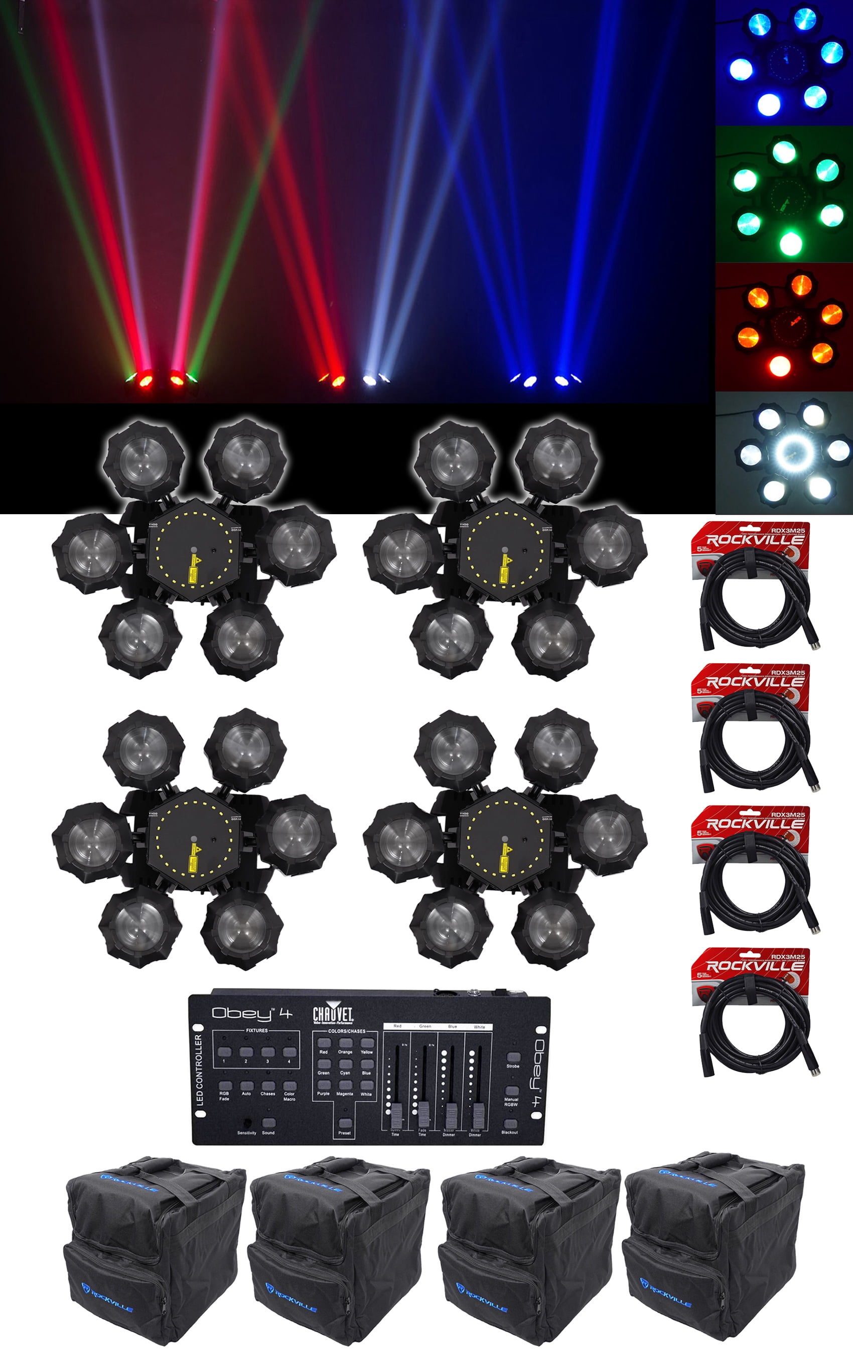 (4) Chauvet DJ Helicopter Q6 Rotating Dance Floor Lights+Controller ...