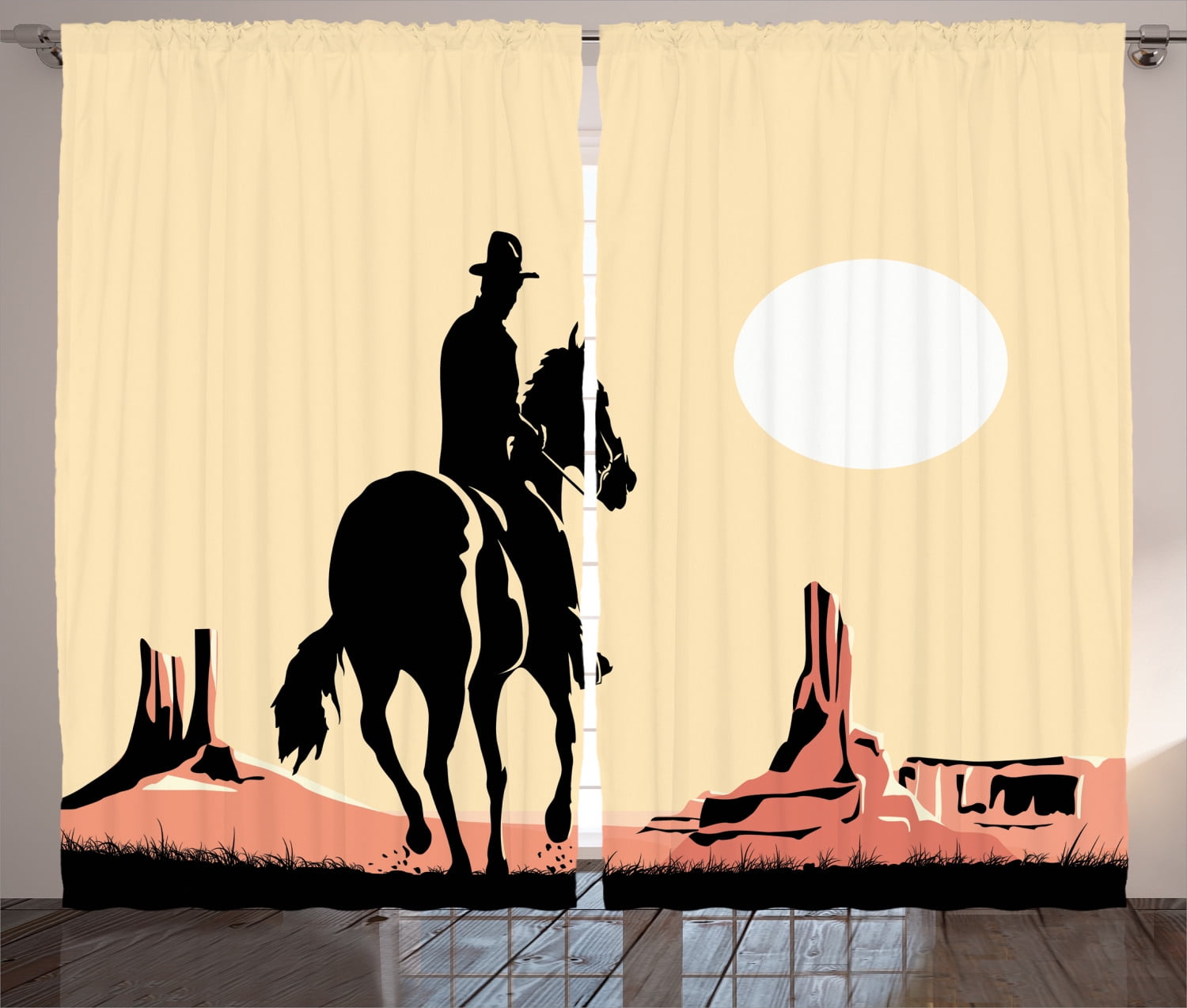 Western Decor Curtains 2 Panels Set, Illustration Art of Cowboy Riding ...