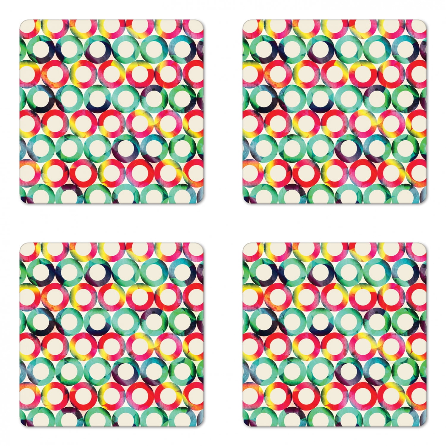Geometric Circle Coaster Set of 4, Vibrant Style Circular Forms Retro ...
