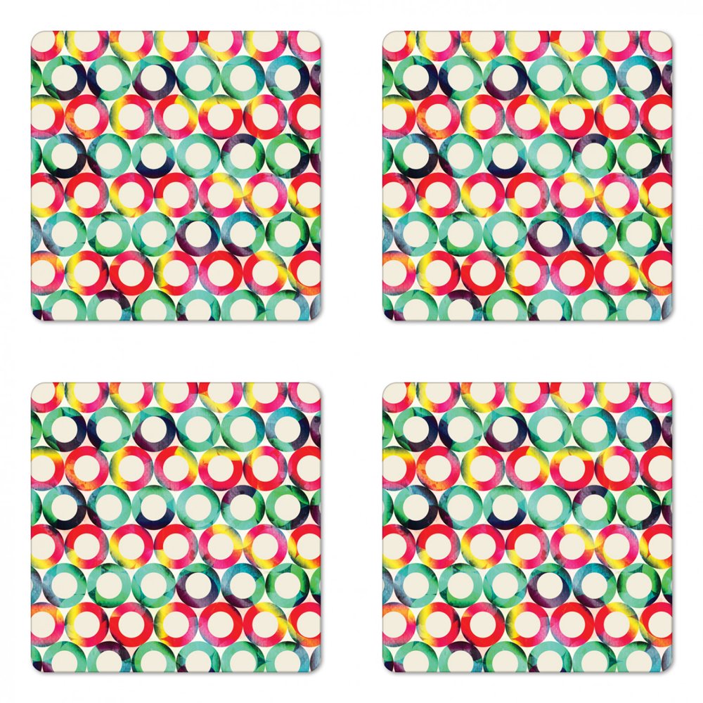 Geometric Circle Coaster Set of 4, Vibrant Style Circular Forms Retro ...