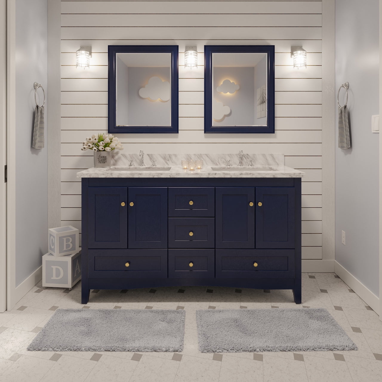 Abbey 60" Double Bathroom Vanity with Royal Blue Cabinet and Carrara ...