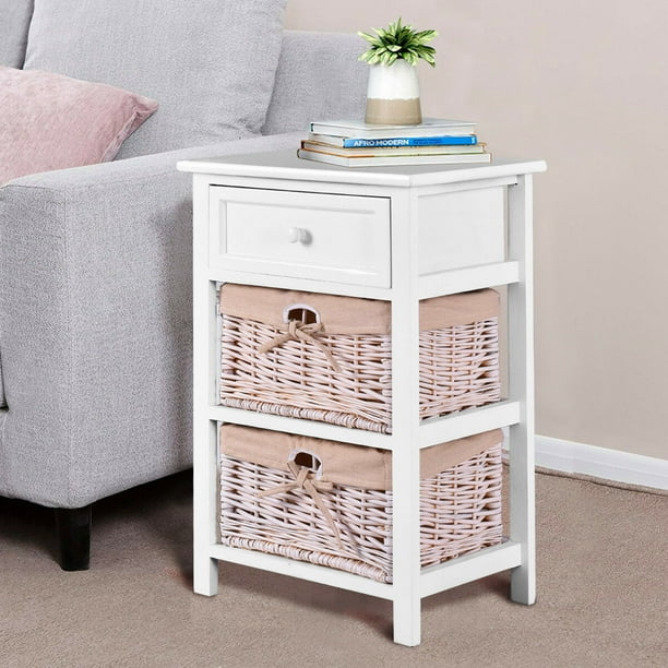 Costway White Night Stand 3 Tiers 1 Drawer Bedside End Table Organizer Wood W 2 Baskets Walmart Business Supplies