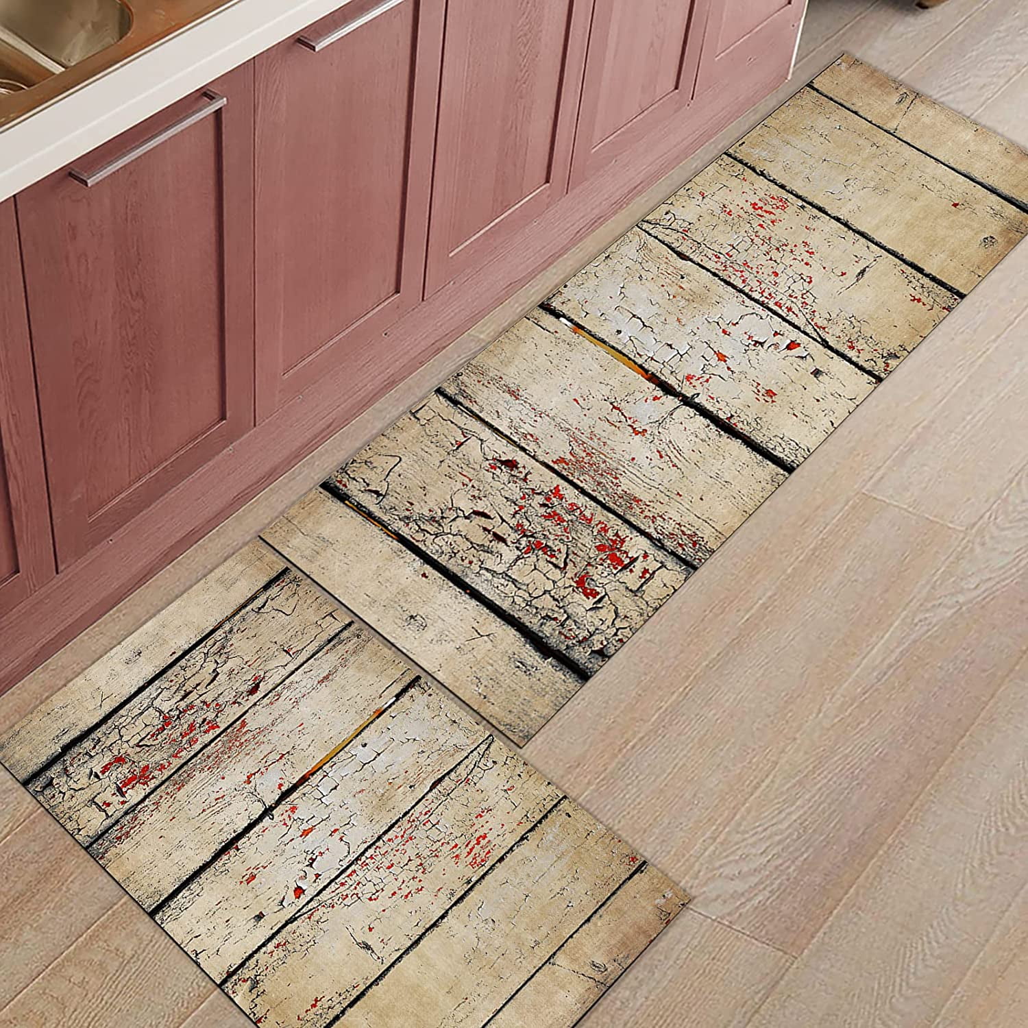 Wood Grain Kitchen Rug Set 2 Piece, Non Slip Kitchen Rugs and Mats ...