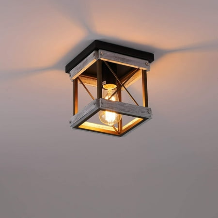 Rustic Farmhouse Flush Mount Ceiling Light 1-Light Wood and Metal Cage ...