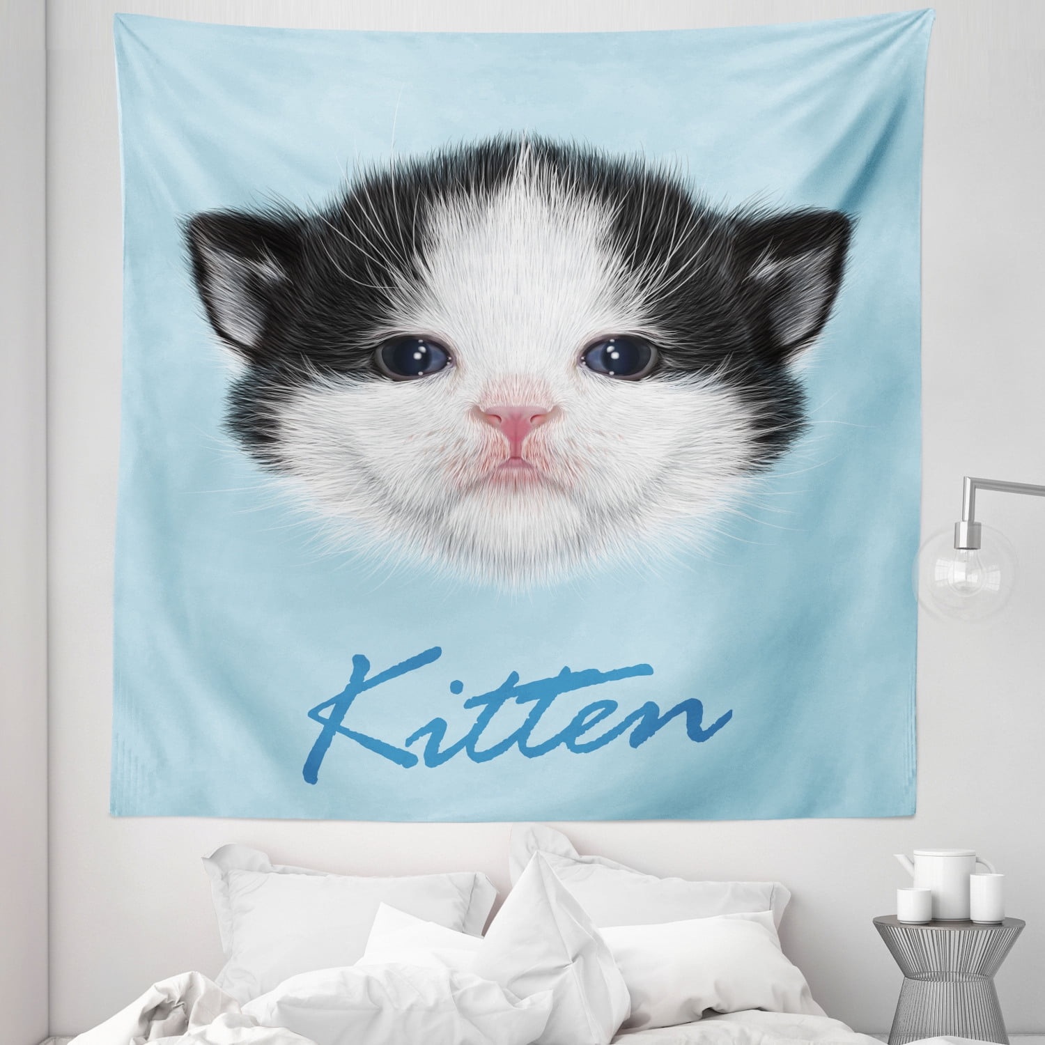 Cartoon Tapestry, Portrait of Domestic Kitten Bicolor Furry Head Pink ...