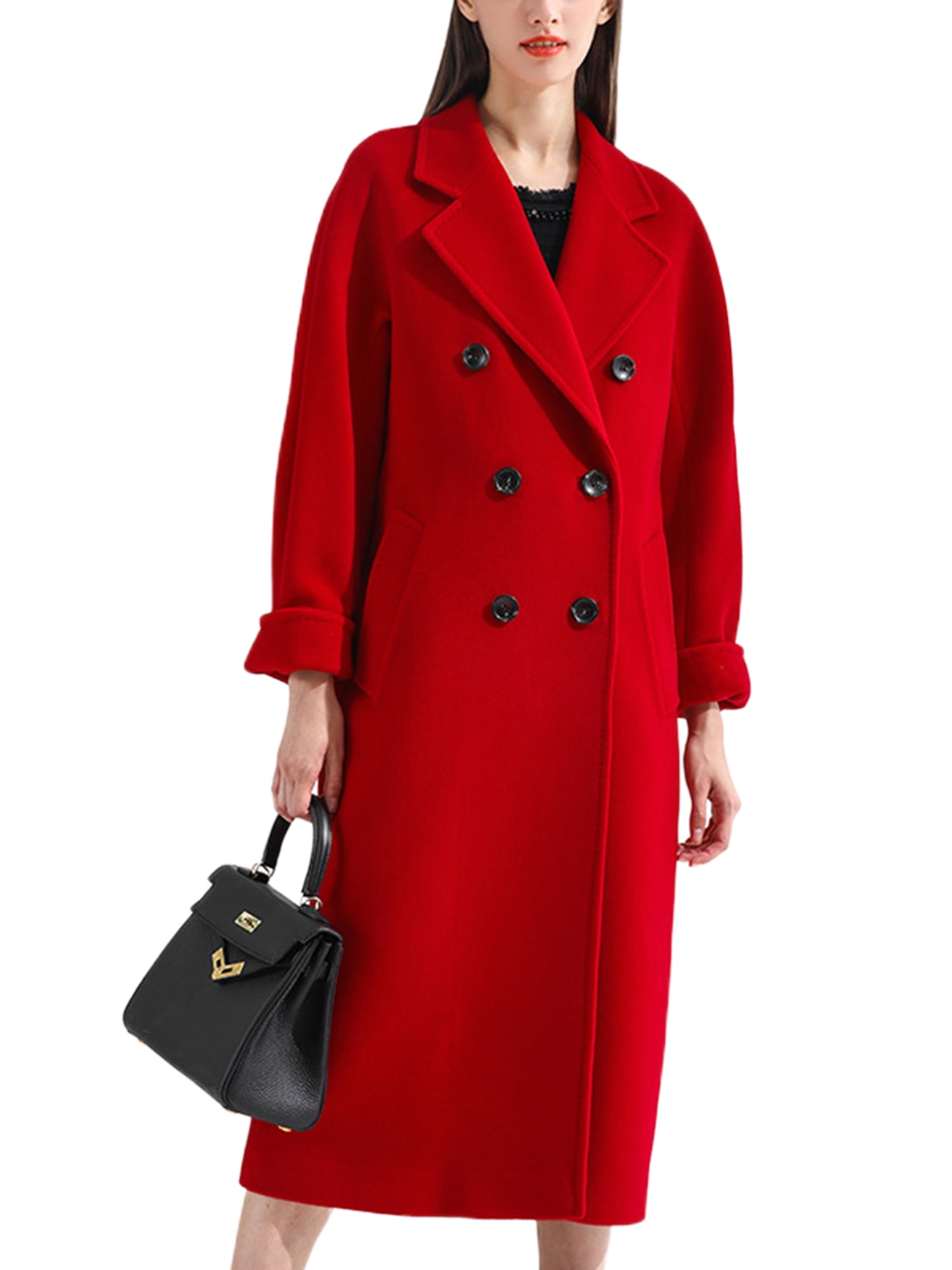 Grianlook Women Loose Double Breasted Trench Coats Long Sleeve Notch ...