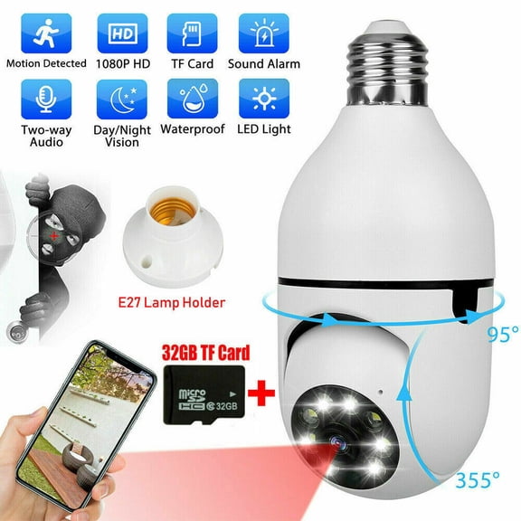 360° Full HD 1080P Wireless Wi-Fi IP Camera Security Bulb Light 32GB ...