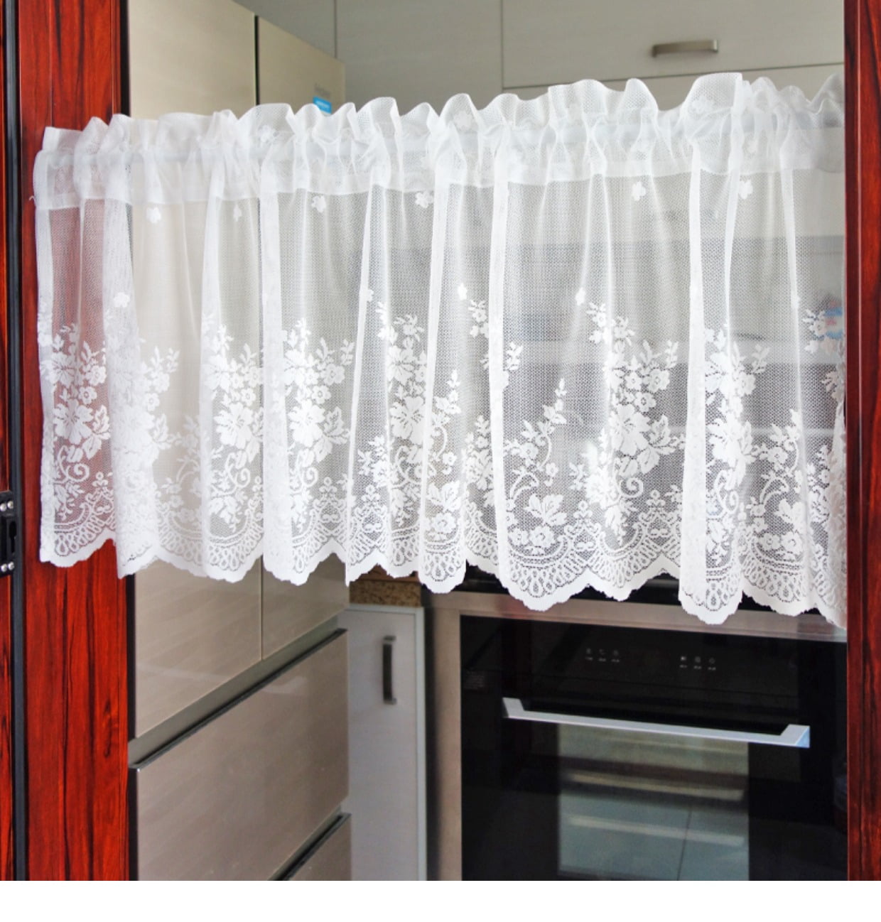 ZHH Floral Lace Light Filtering Half Kitchen Curtain Rod Pocket Voile ...