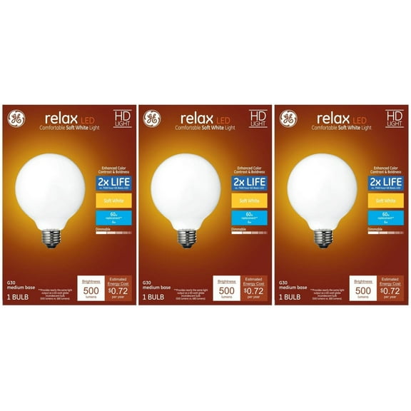 (3 bulbs) GE Relax LED G30 Vanity Globe, soft white, 6 watt, 500 lumen ...