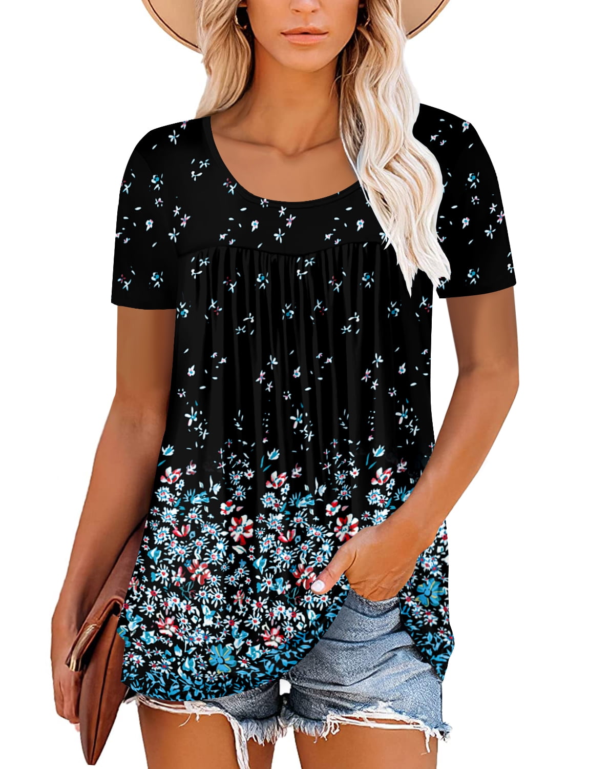ONLYSHE Womens Loose Dressy Tops Summer Short Sleeve Floral Printed ...