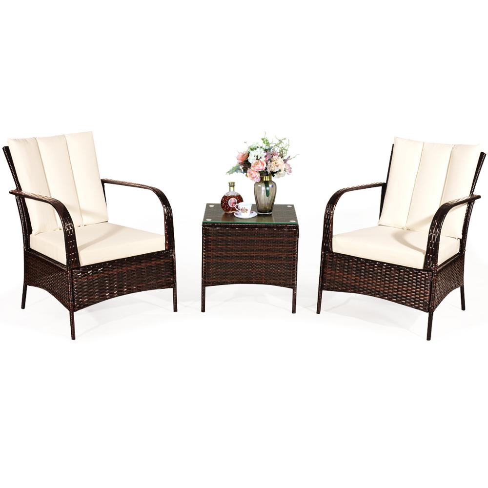 3 PCS Patio Rattan Furniture Set Coffee Table & 2 Rattan Chair with ...