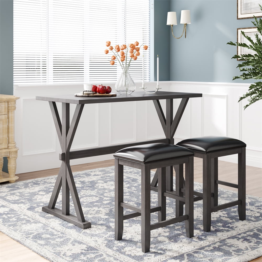 3-Piece Counter Height Table Set, Solid Wood Pub Dining Table Set with ...
