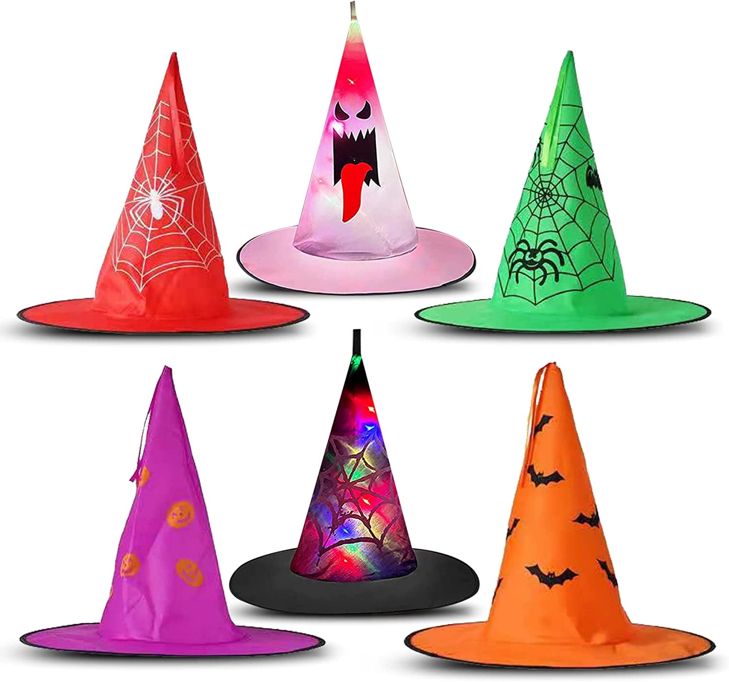 Salvie 6 Beautiful Witch Hats With Lights Bat Pumpkin Web Ghost Spider ...