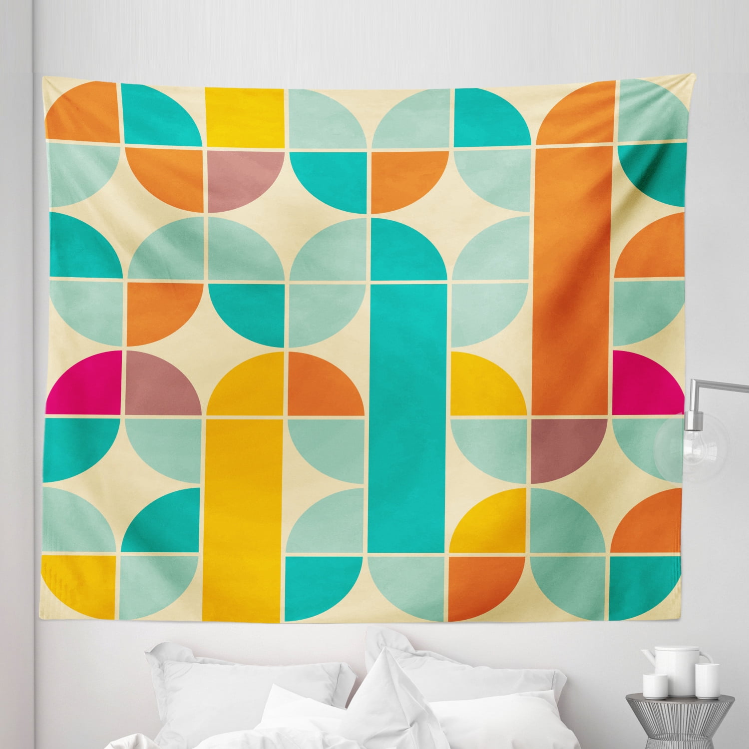 Retro Tapestry, Pop Art Funky Unusual Geometric Forms Mosaic Style Old ...