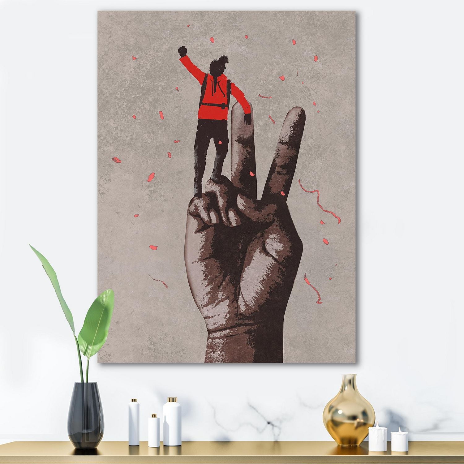 Designart Victory Sign With Man With Arm Raised Canvas Wall Art ...