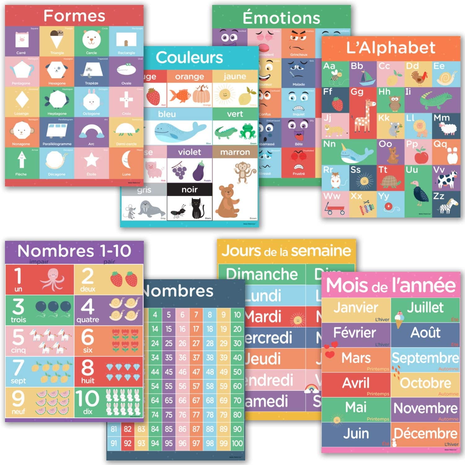 French Classroom Posters 8 Pack - Affiche Educative Francais. Dry-Erase ...