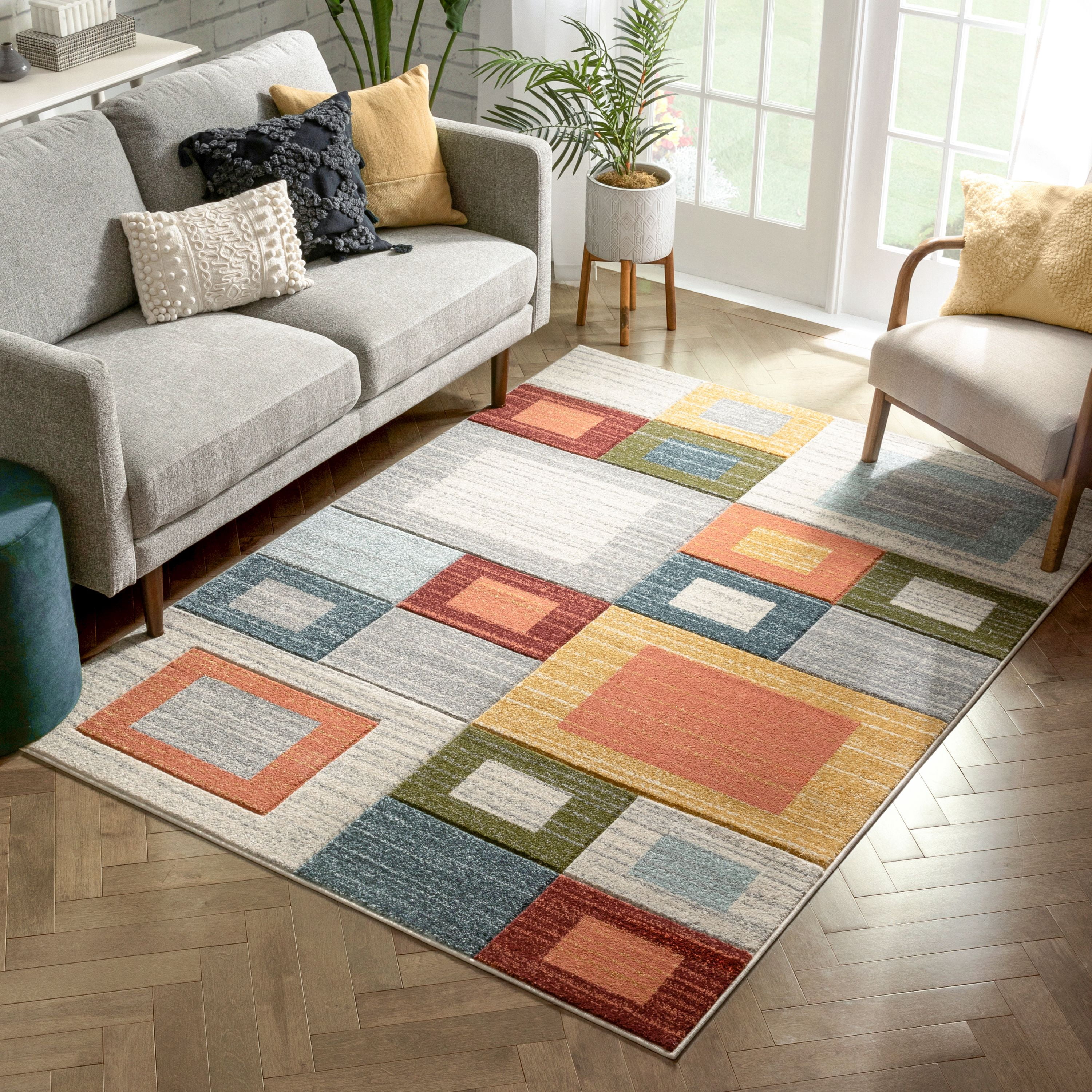 Well Woven Ruby Tango Mid Century Modern Geometric Squares Multi 7 10